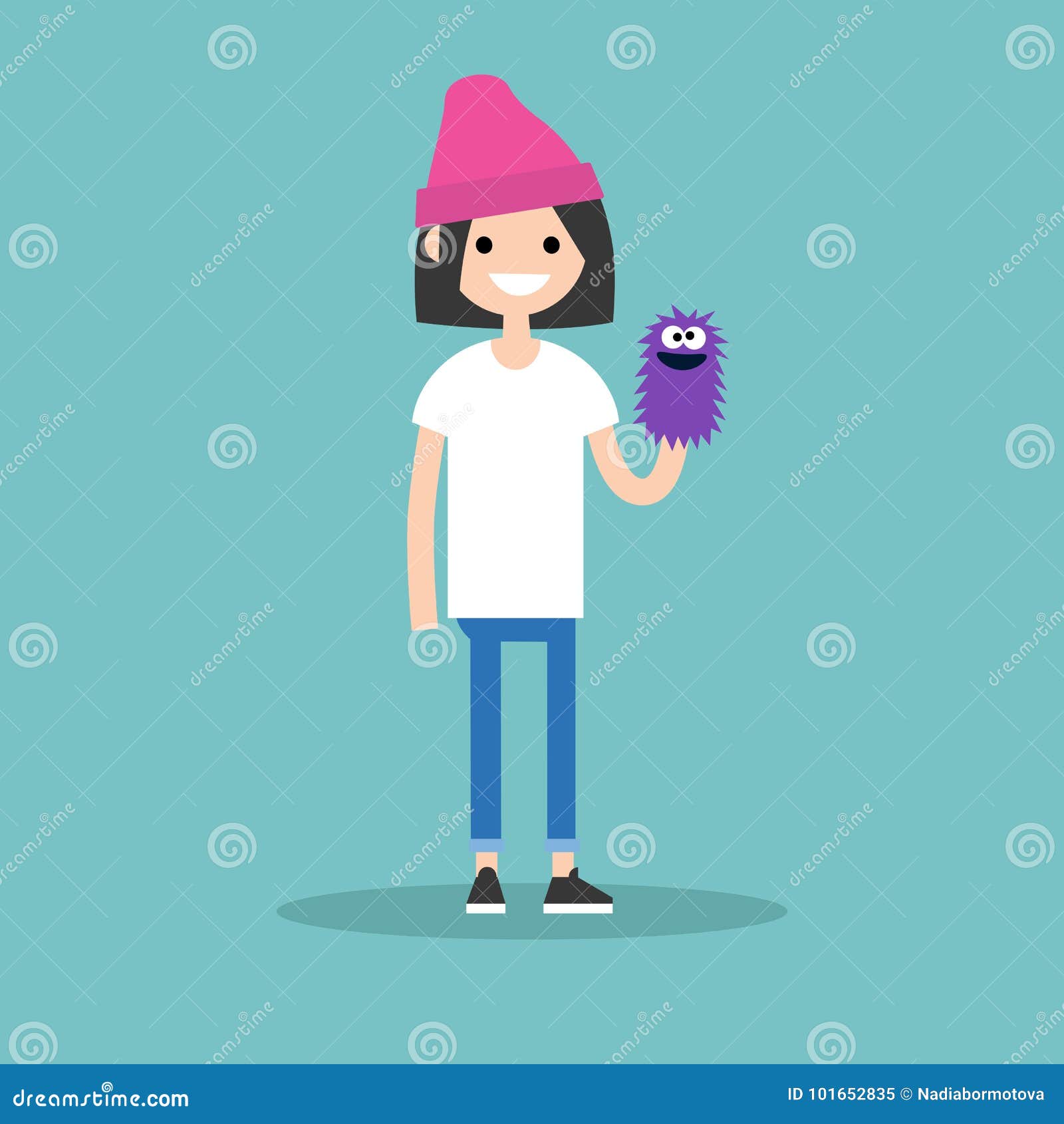 Young Female Character Playing with a Hand Puppet / Flat Editable ...