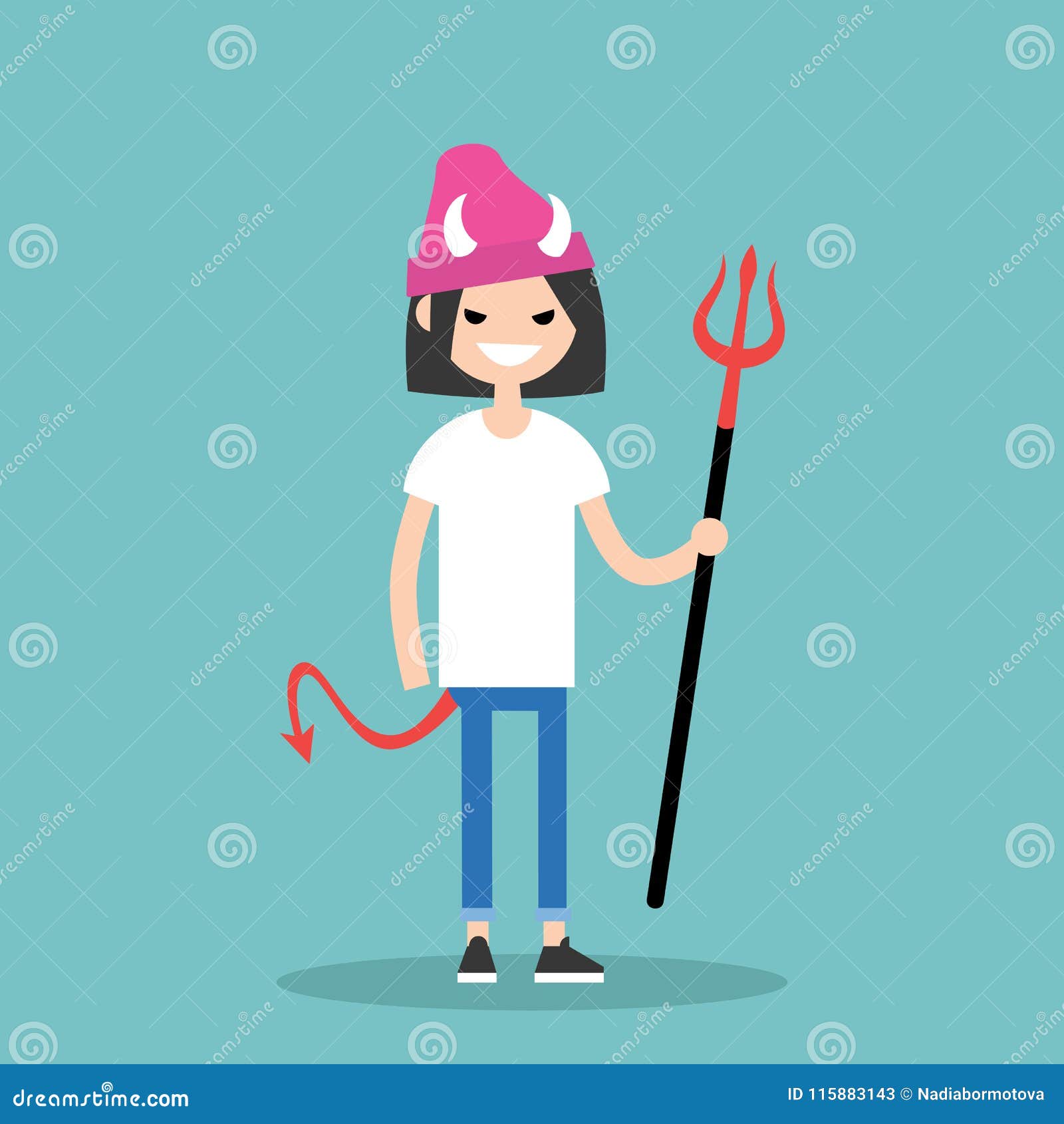 Young Female Character Wearing Devil Elements: Horns, Tail and T Stock ...