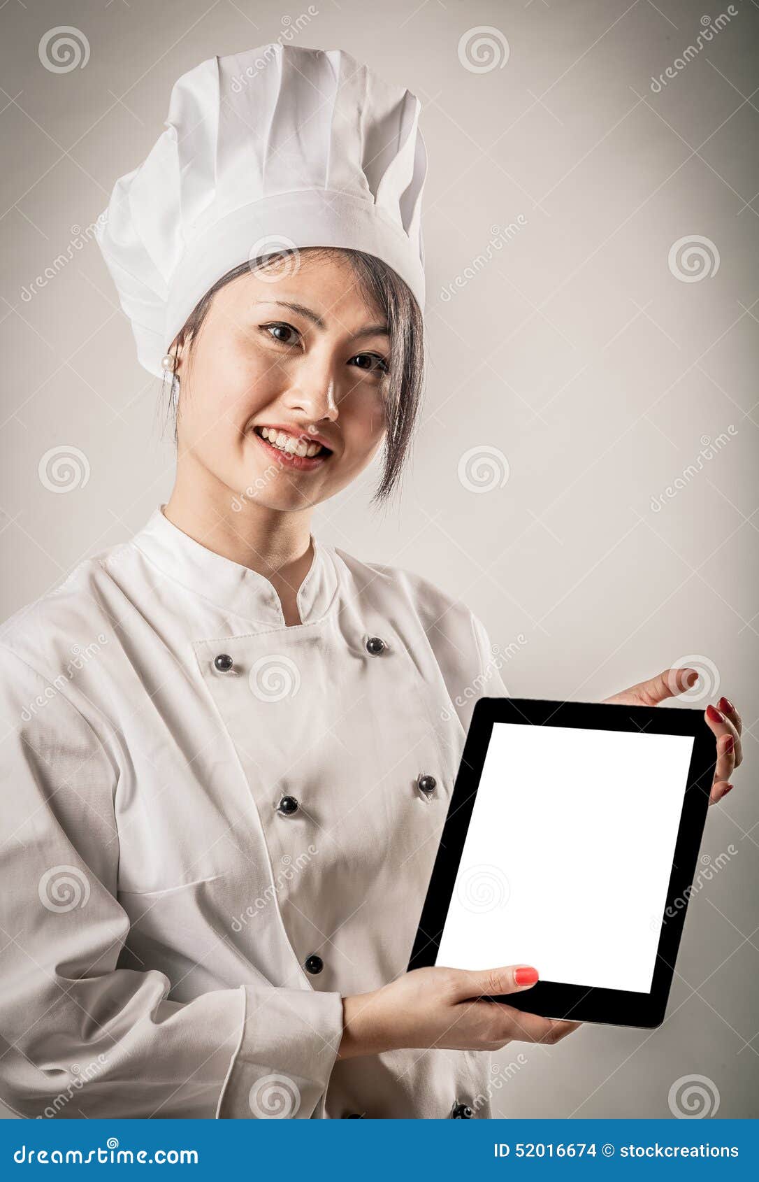 Young Female Chef Holding Tablet with Blank Screen Stock Photo - Image ...