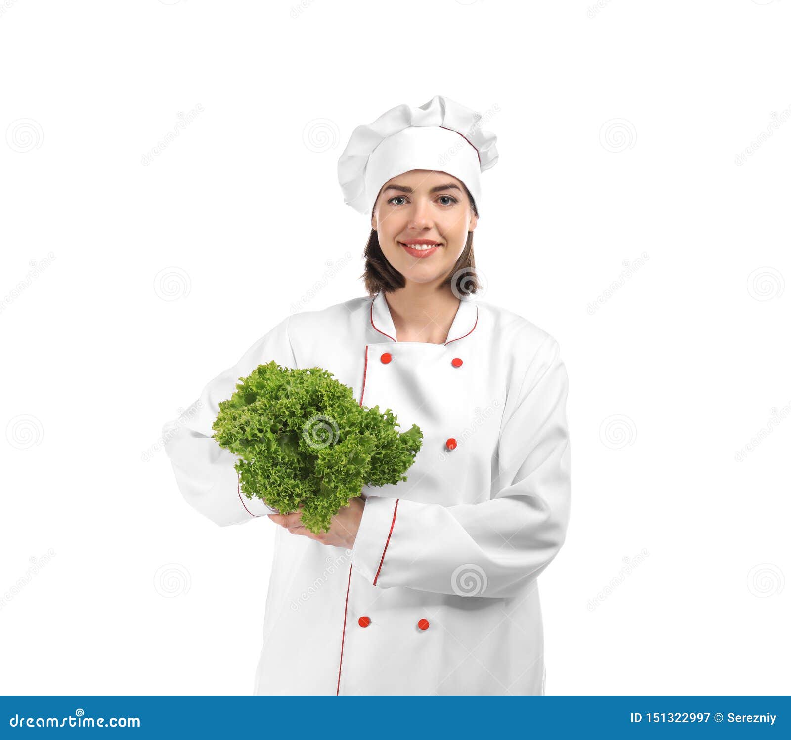 Young Female Chef with Salad on White Background Stock Image - Image of ...