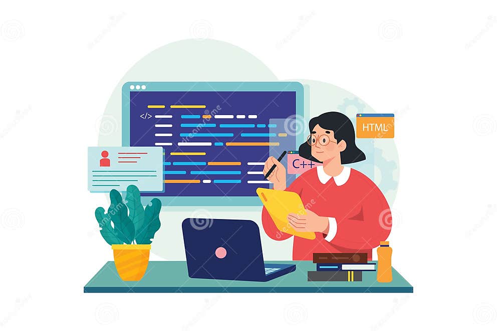 Young Female Computer Programmer Coding at Laptop Stock Vector ...