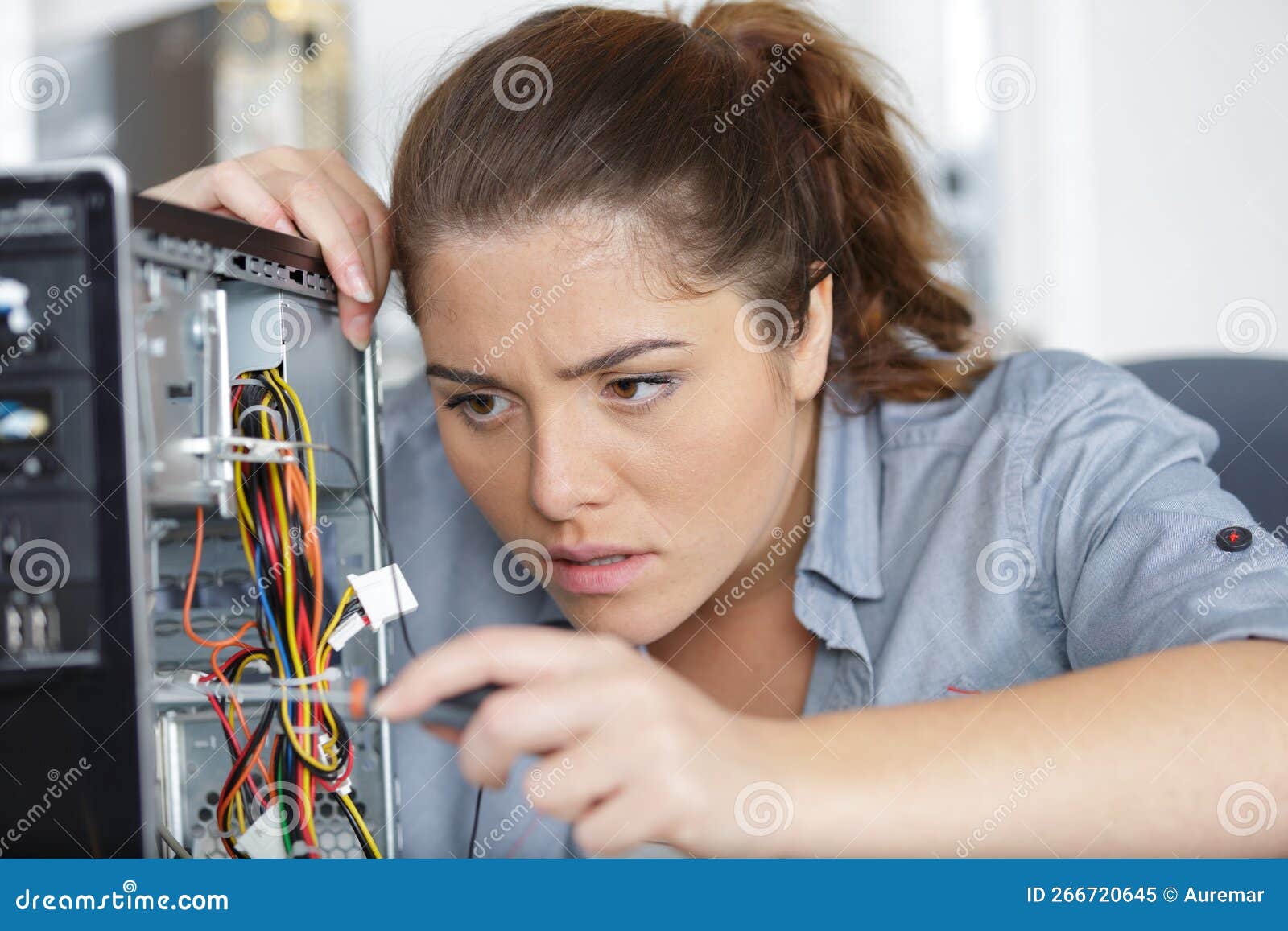 Young Female Computer Technician Repairing Tower Computer Stock Image ...