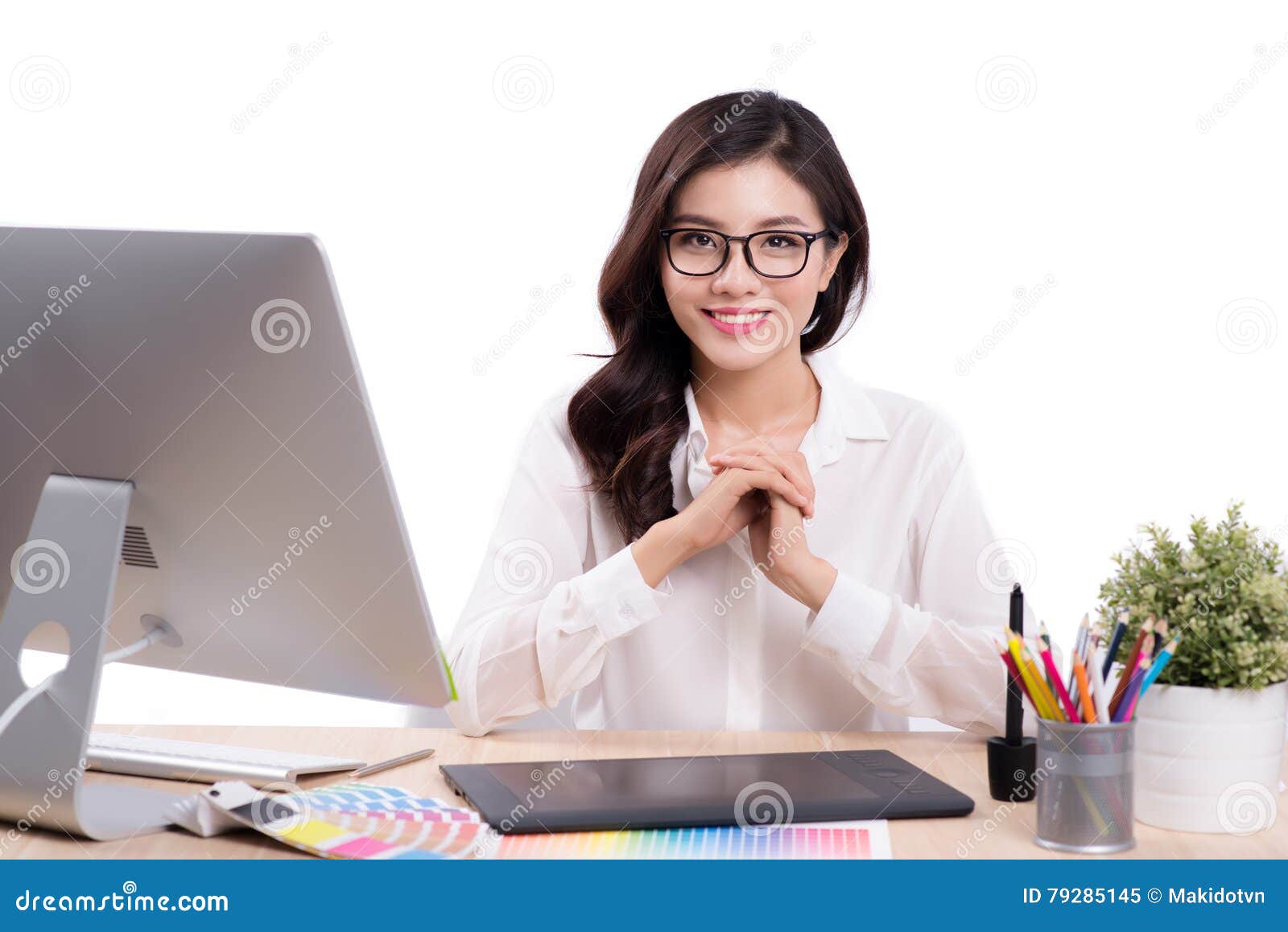 Young Female Designer Sitting at Desk while Working with Compute Stock ...