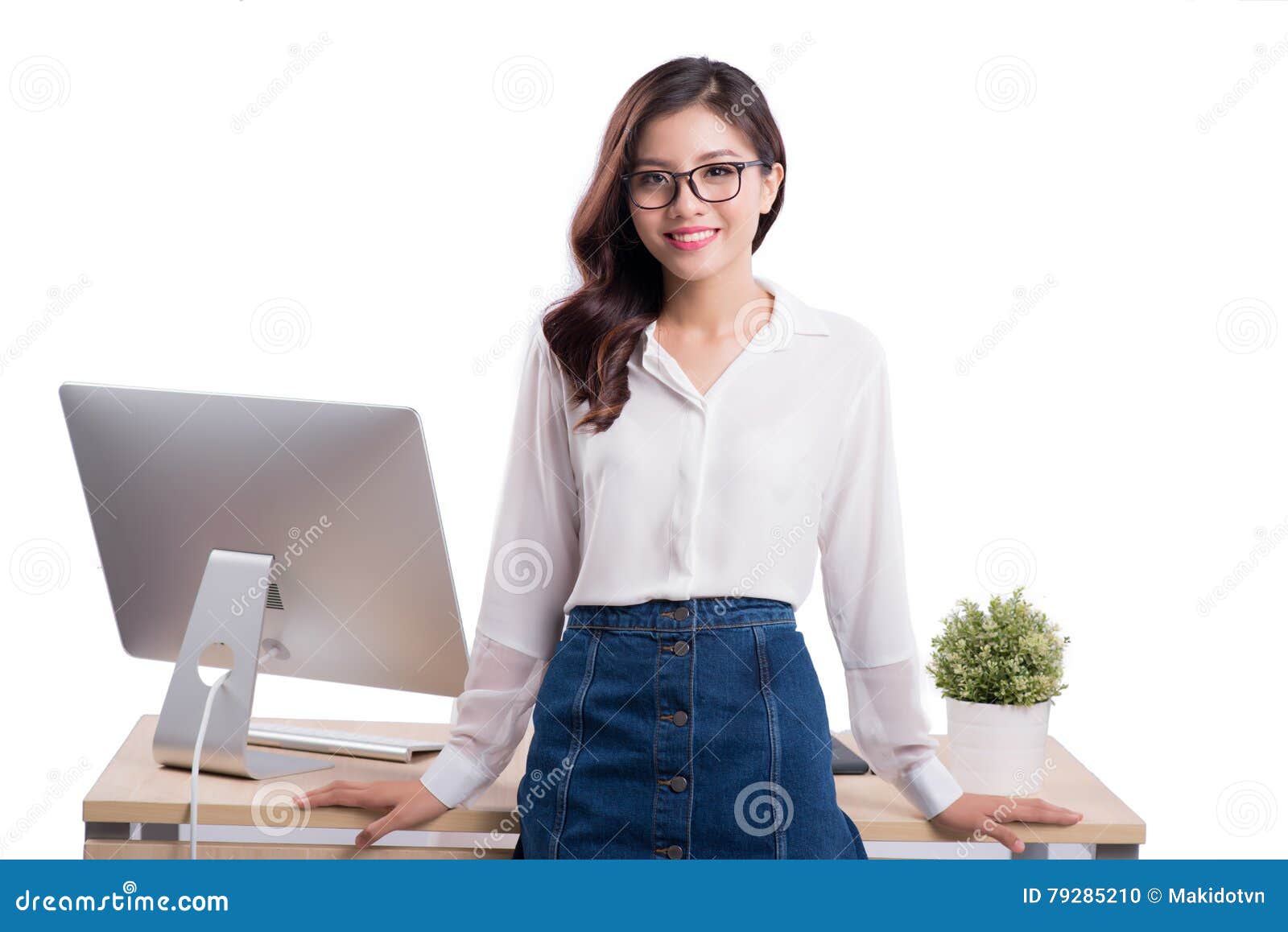 Young Female Designer Sitting at Desk while Working with Compute Stock ...