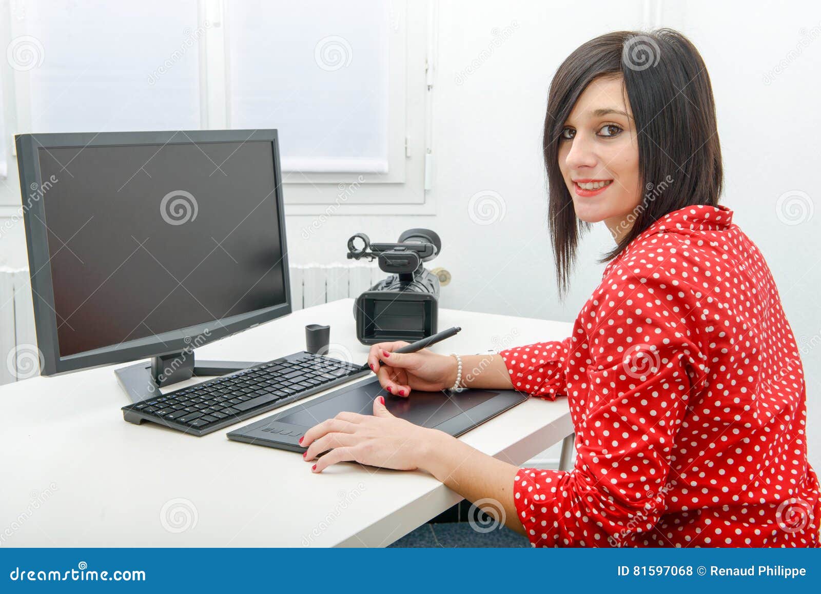Young Female Designer Using Graphics Tablet while Working with C Stock ...
