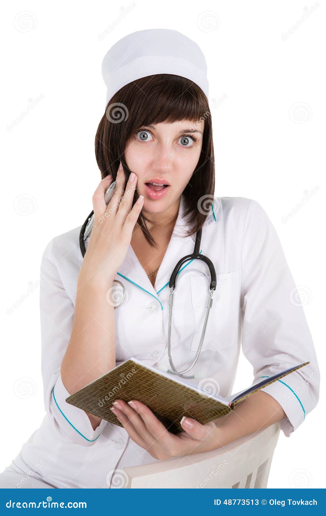 Young Female Doctor with Notebook Looking Scared. Stock Image - Image ...