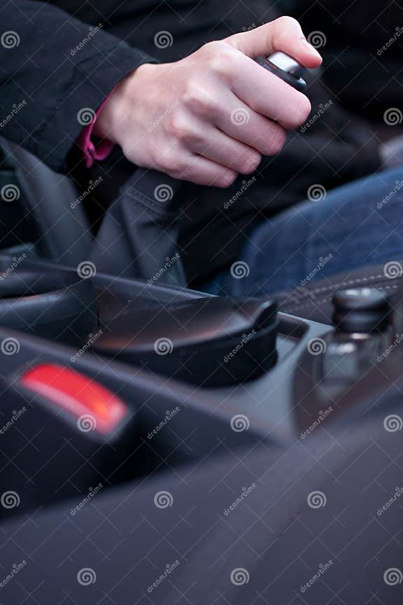Young Female Driver Using Handbrake Stock Photo - Image of move ...