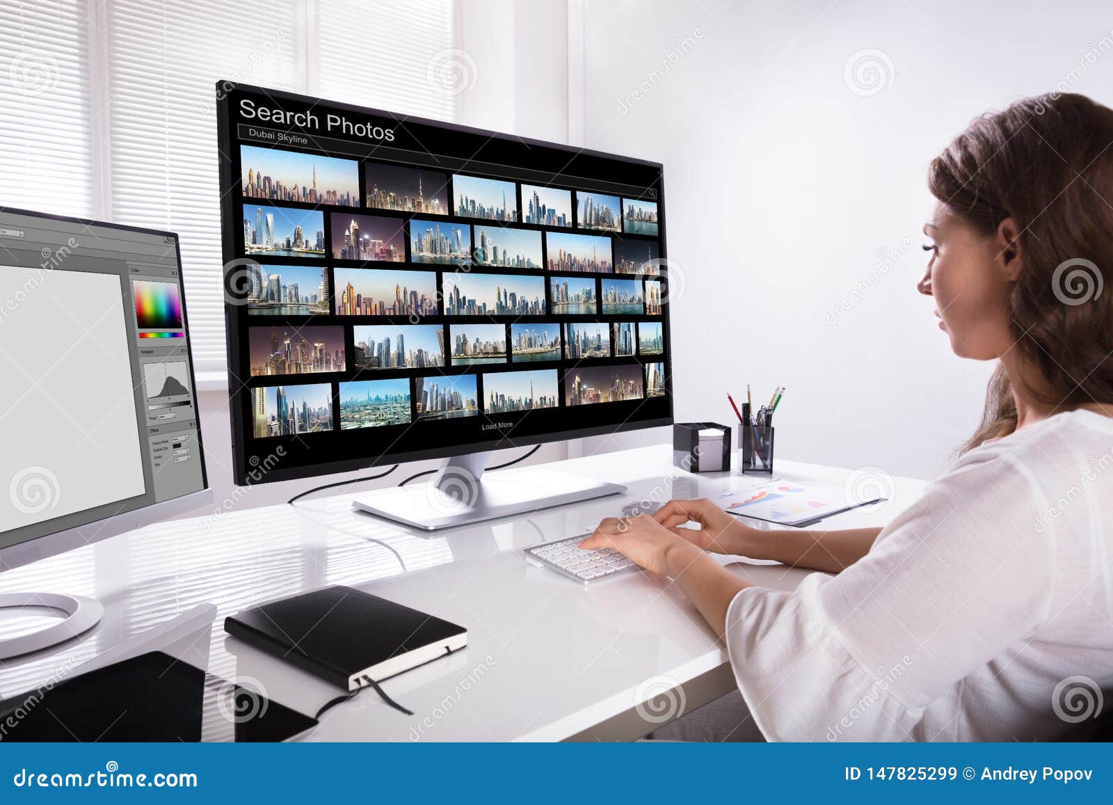 Editor Searching Photos on Computer Stock Image - Image of design ...