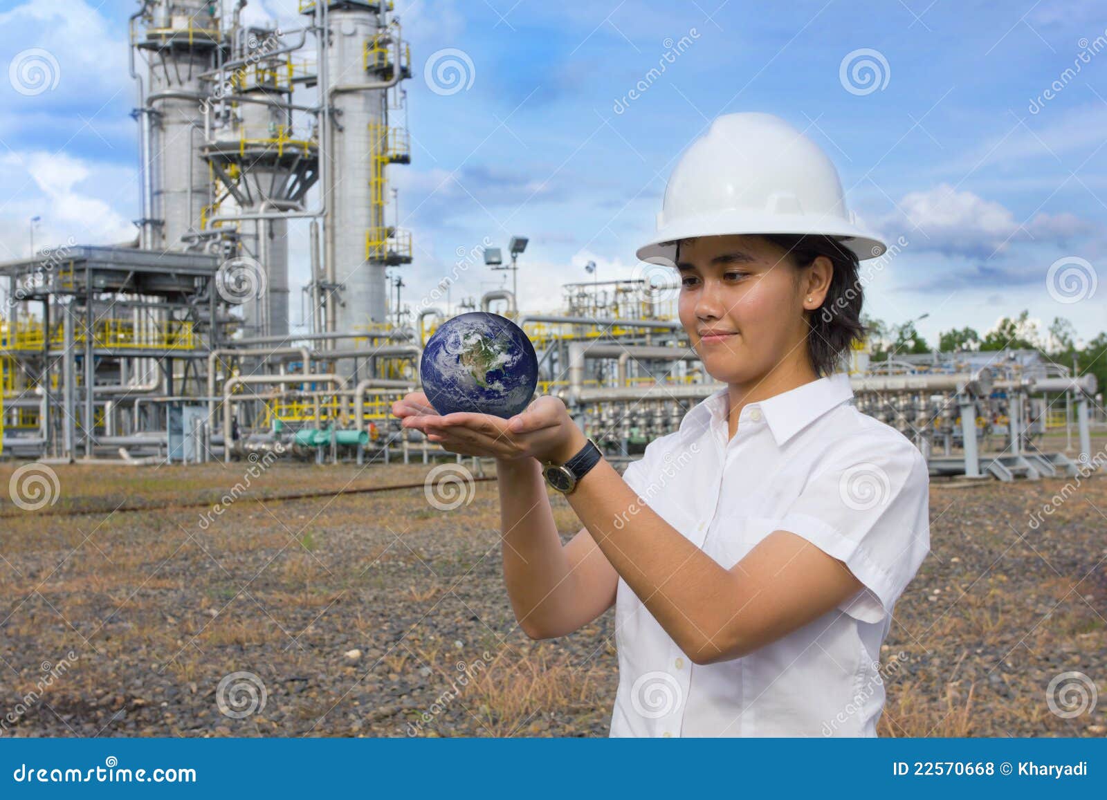 Young Female Engineer Holding Earth Sphere. Stock Photo - Image of ...