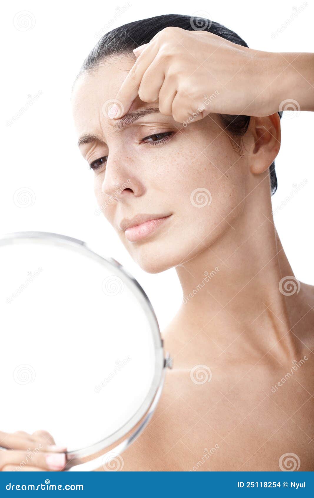 Young Female Examining Wrinkles in Mirror Stock Photo - Image of beauty ...