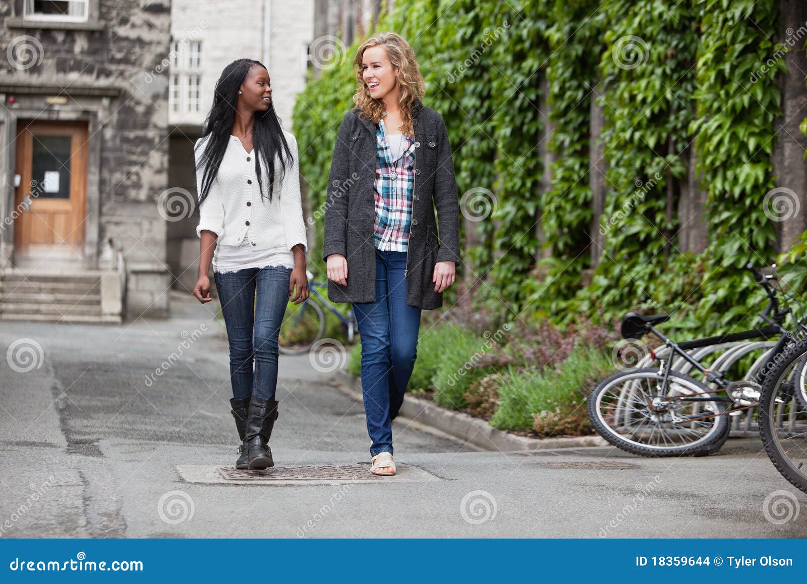 Young Female Friends Having a Chat while Walking Stock Photo - Image of ...