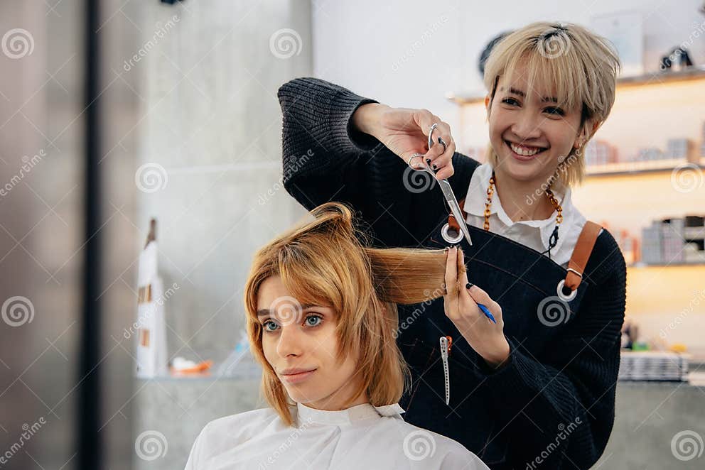 Young Female Hairstylist Trimming Customer Hair Stock Photo - Image of ... Young Female Hairstylist Trimming Customer Hair Stock Photo - Image of ...