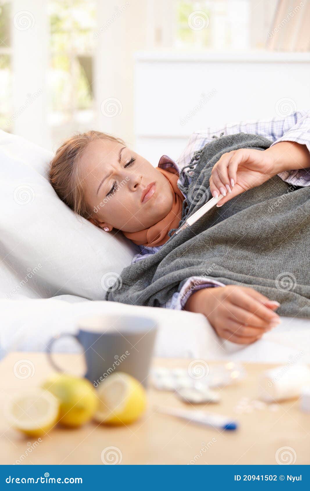 Young Female Having Flu Laying in Bed Stock Photo - Image of home, face ...