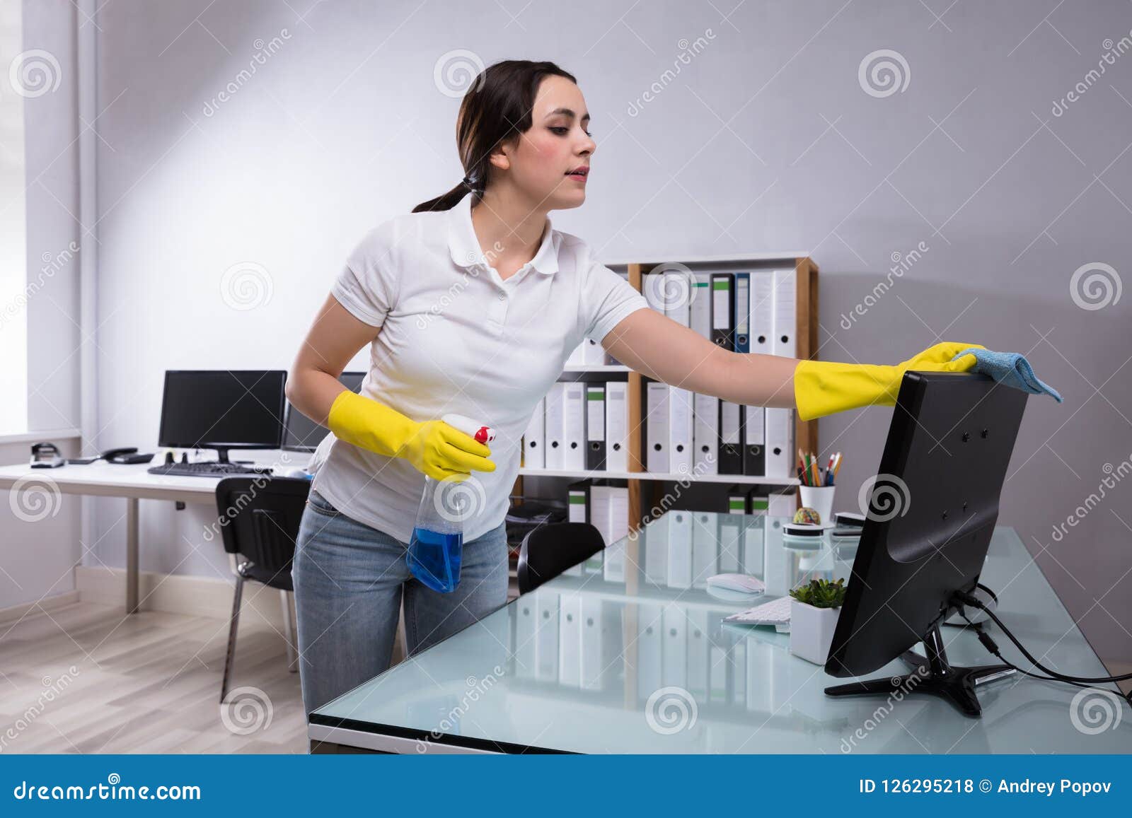Janitor Cleaning Computer with Rag Stock Photo - Image of manual ...