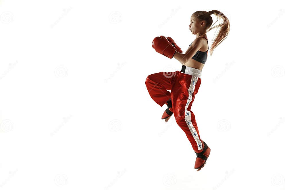 Young Female Kickboxing Fighter Training Isolated On White Background