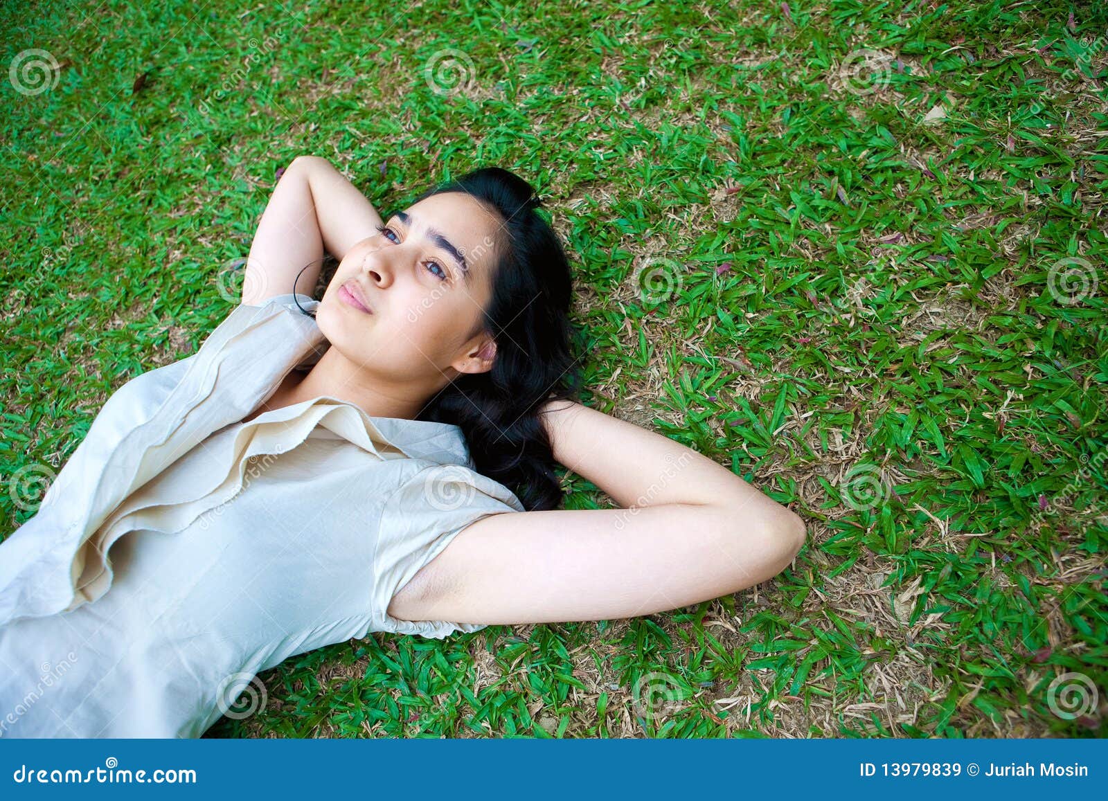 Young Female Laying on the Grass, Thinking Stock Image - Image of group ...