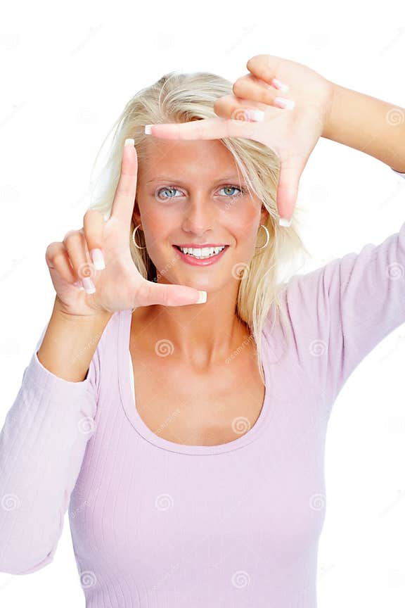 Young Female Making a Frame with Hands on White Stock Image - Image of ...