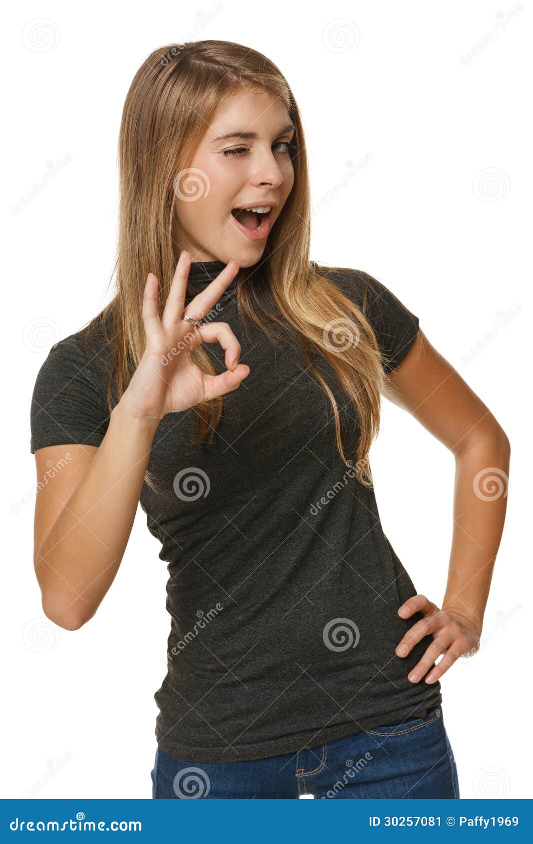 Young Winking Female Gesturing OK Stock Image - Image of casual ...