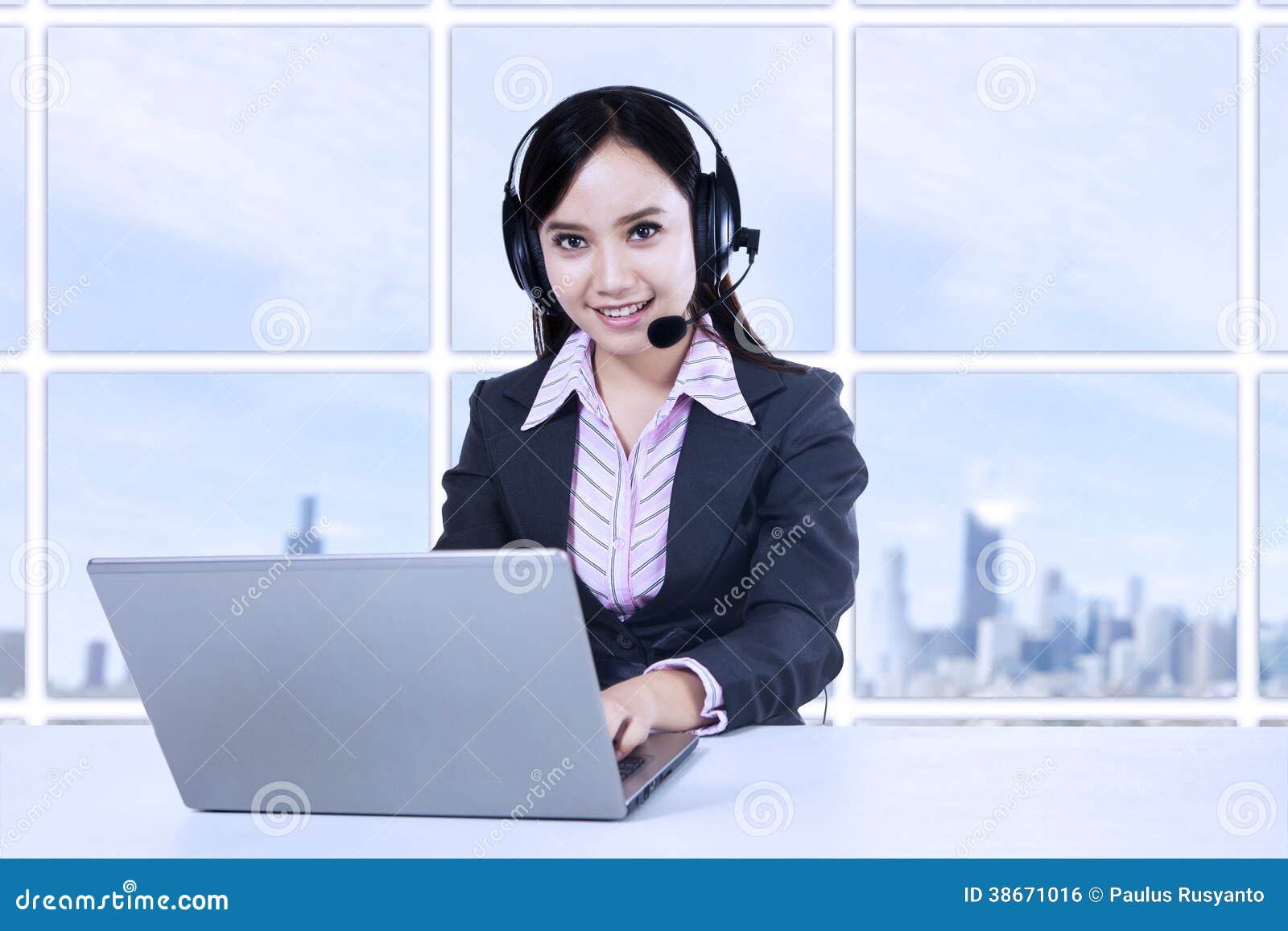 Young Female Operator with Headphones Stock Photo - Image of notebook ...
