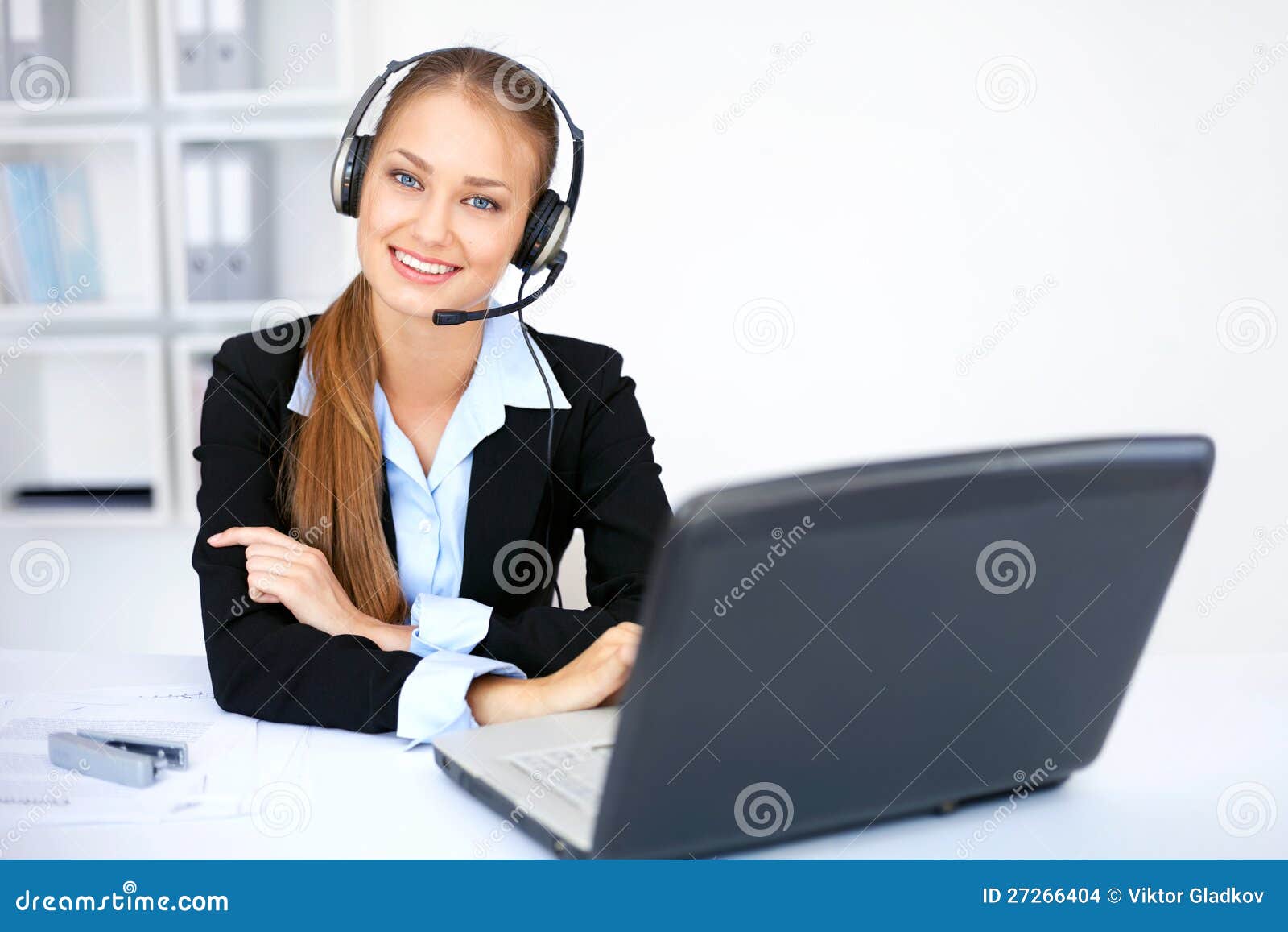 Young Female Operator Sitting at Office Desk Stock Photo - Image of ...