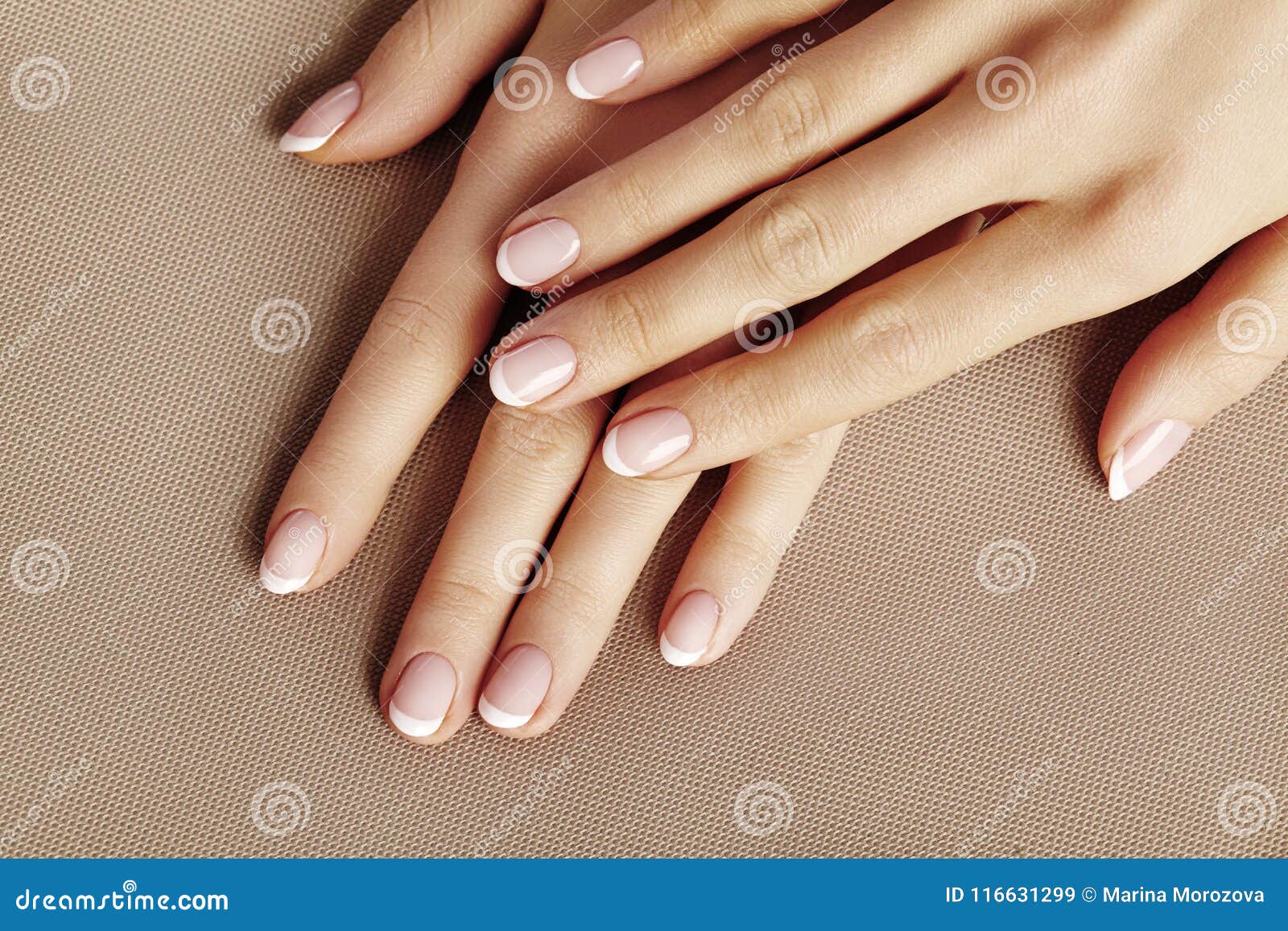 Young Female Palm Beautiful Glamour Manicure French Style Nail