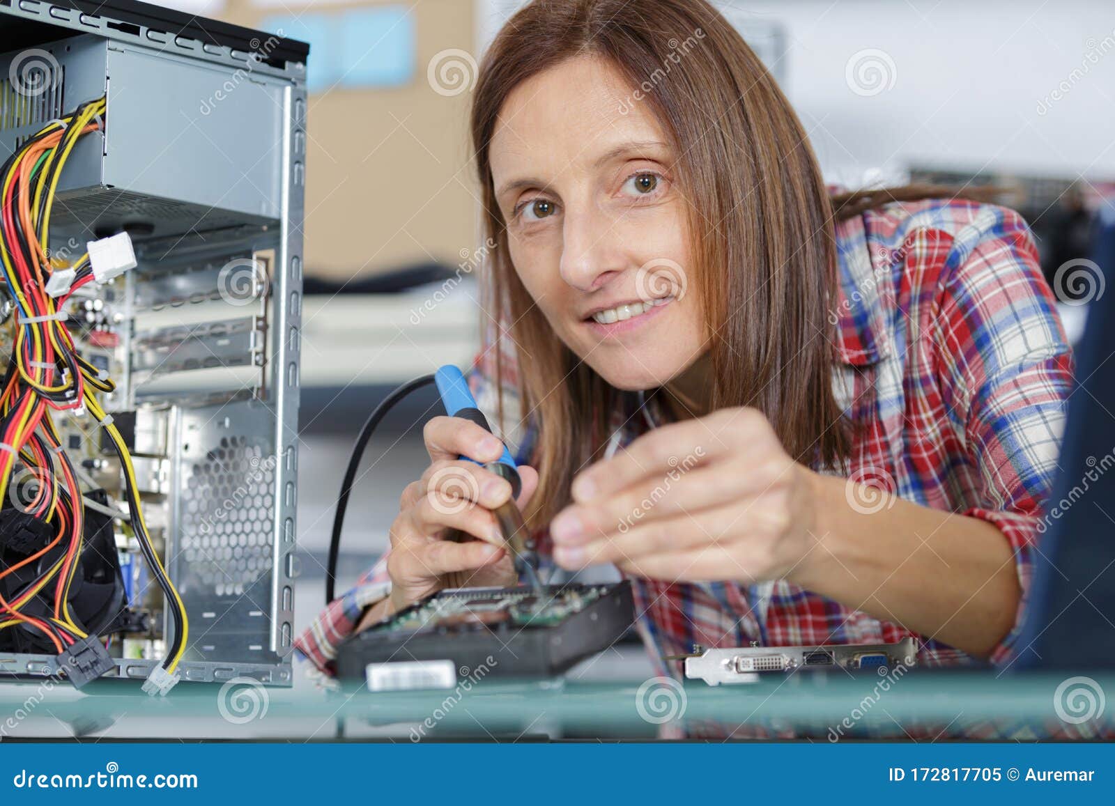 Young Female Pc Technician Fixing Pc Stock Image - Image of cables ...