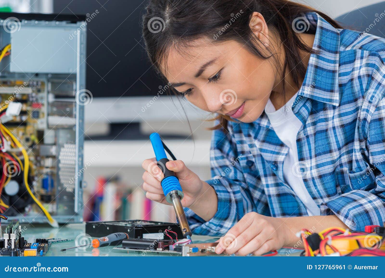 Young Female Pc Technician Welding Pc Parts Stock Image - Image of ...