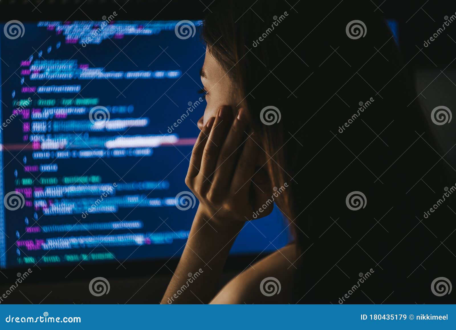 The Programmer Writes The Program Code At Night In A Dark Room. Hands ...