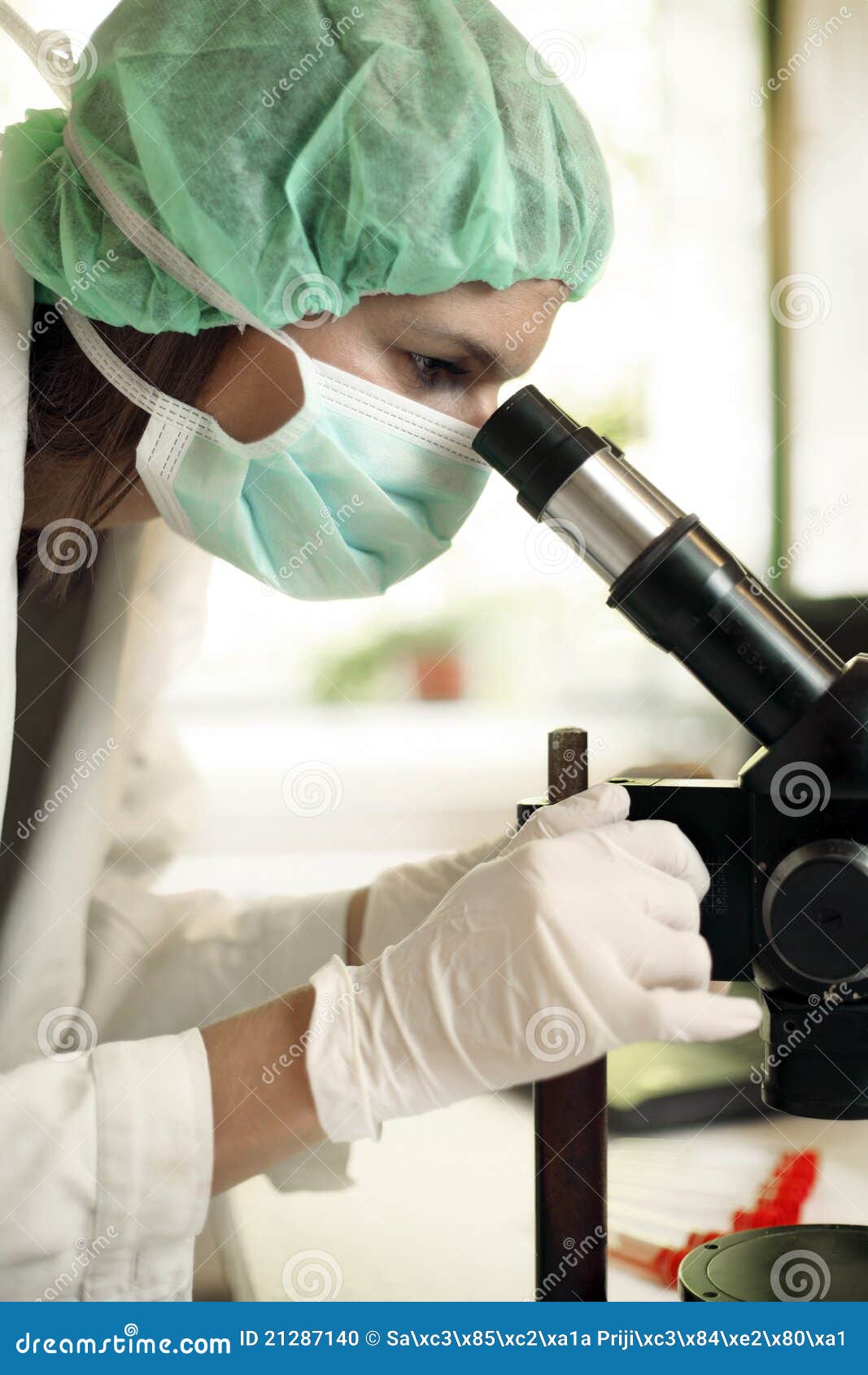 Young Female Researcher with Microscope Stock Photo - Image of ...