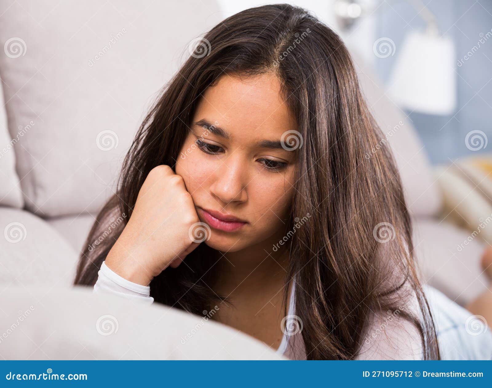 Young Female Sad and Thinking on Sofa Stock Photo - Image of relaxatoin ...