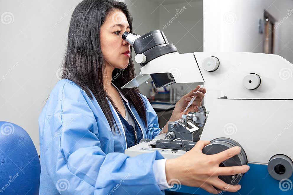 Young Female Scientist Using an Ultramicrotome To Make Sections for the ...