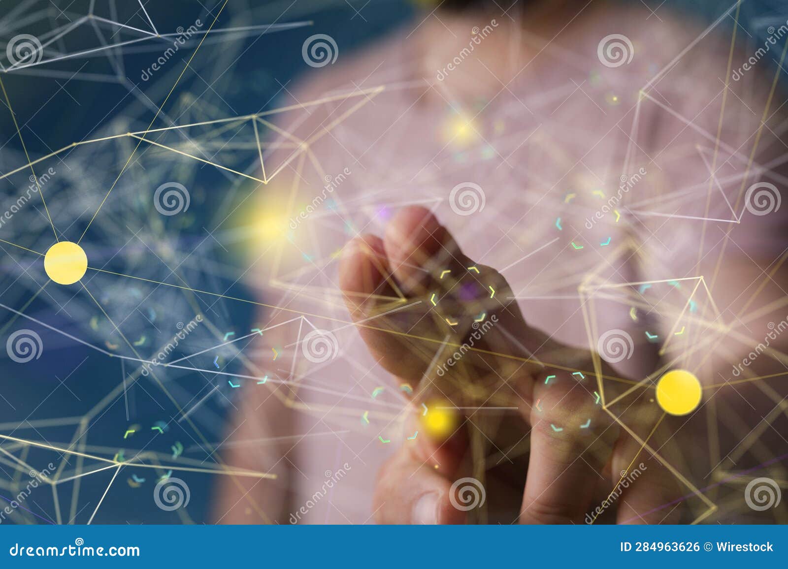 Young Female Showing a Network of Data with Connecting Dots Stock ...
