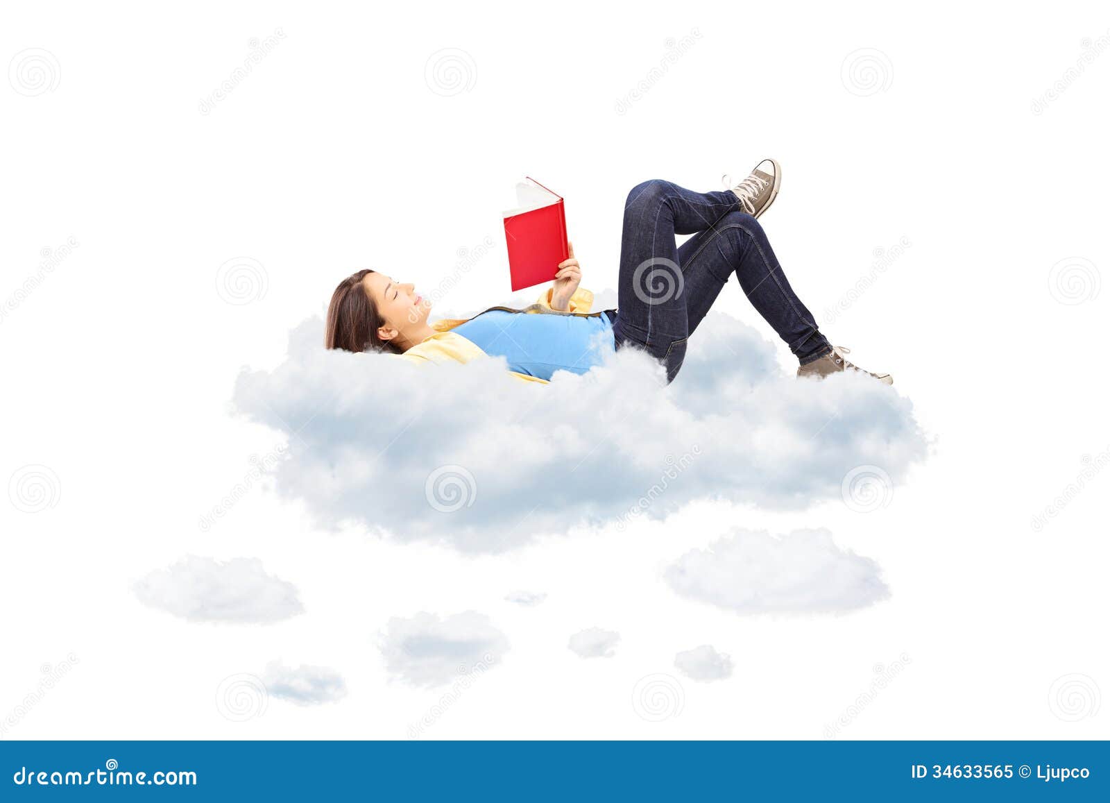 Young Female Student Reading a Novel and Lying on Clouds Stock Image ...