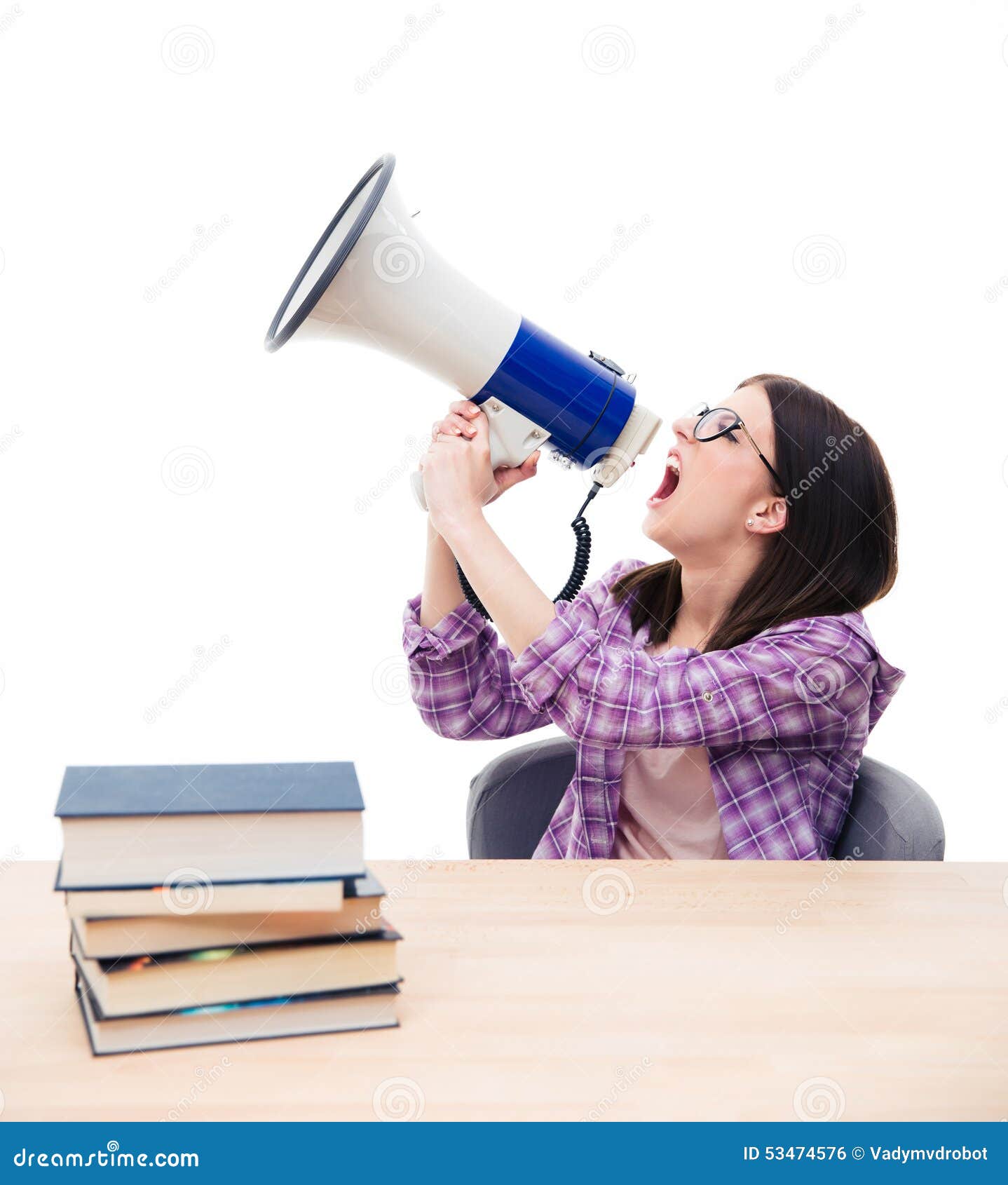 Young Female Student Shouting in Megaphone Stock Photo - Image of desk ...