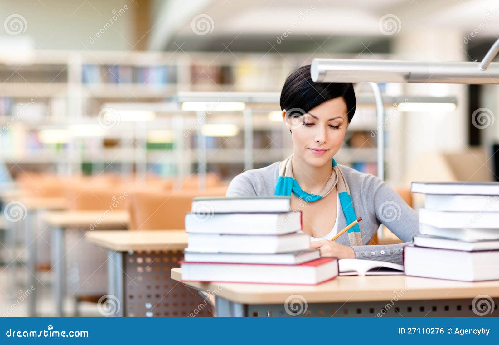 Young Female Studies with Piles of Books Stock Photo - Image of female ...