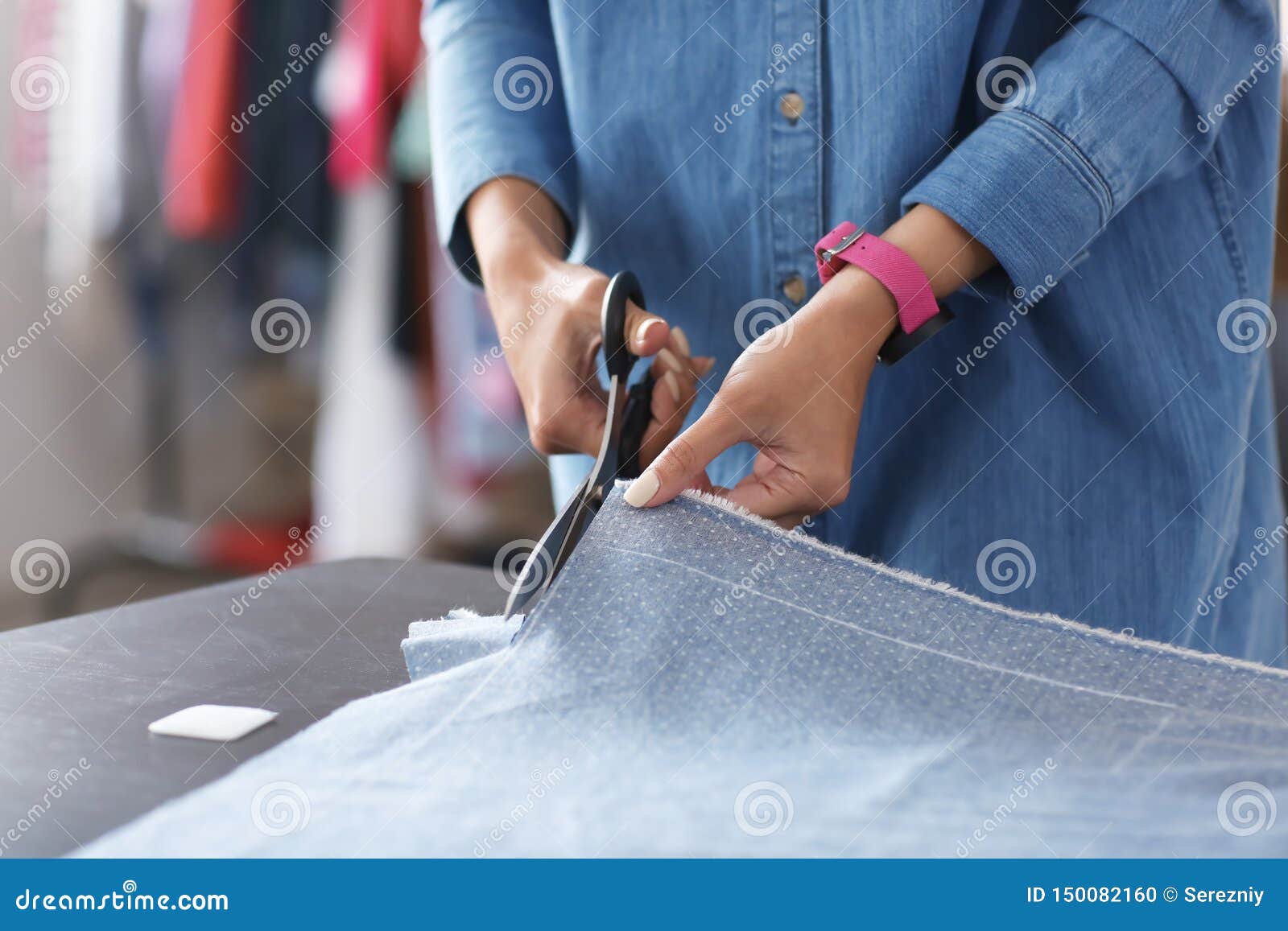 Young Female Tailor Cutting Fabric in Atelier Stock Photo - Image of ...