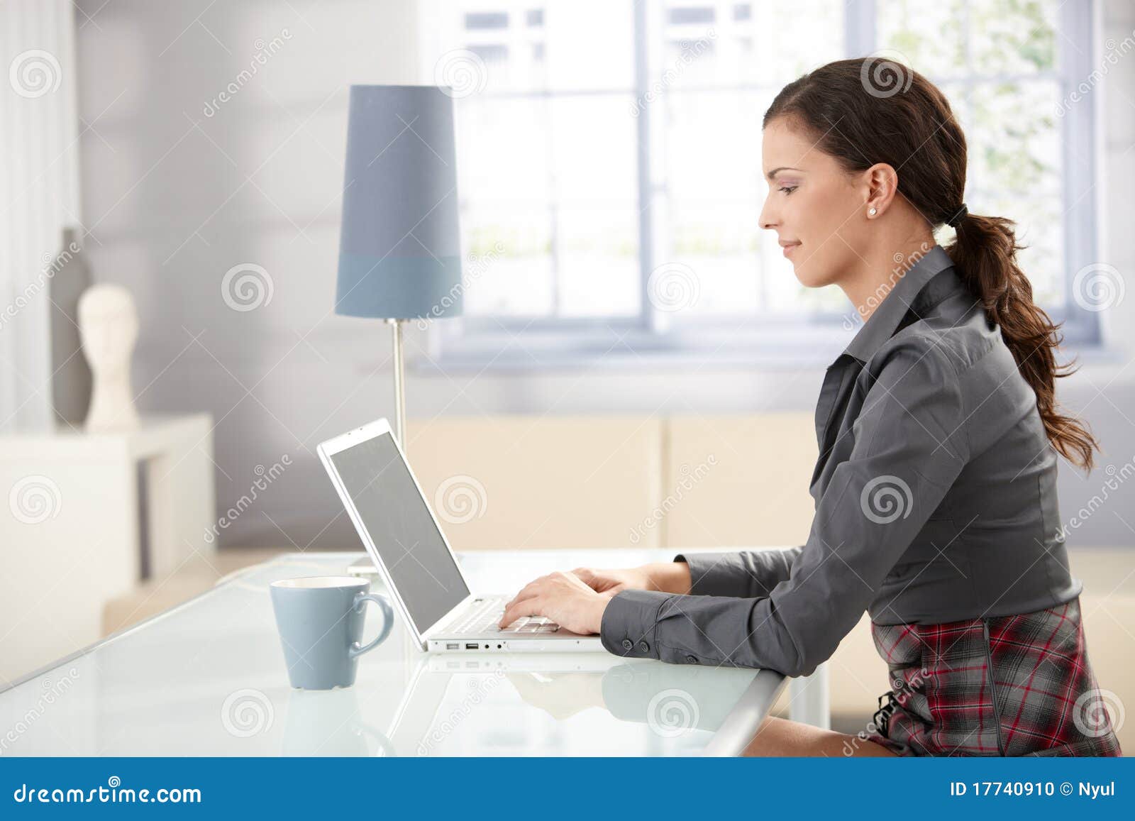 Young Female Using Laptop at Home Smiling Stock Photo - Image of ...