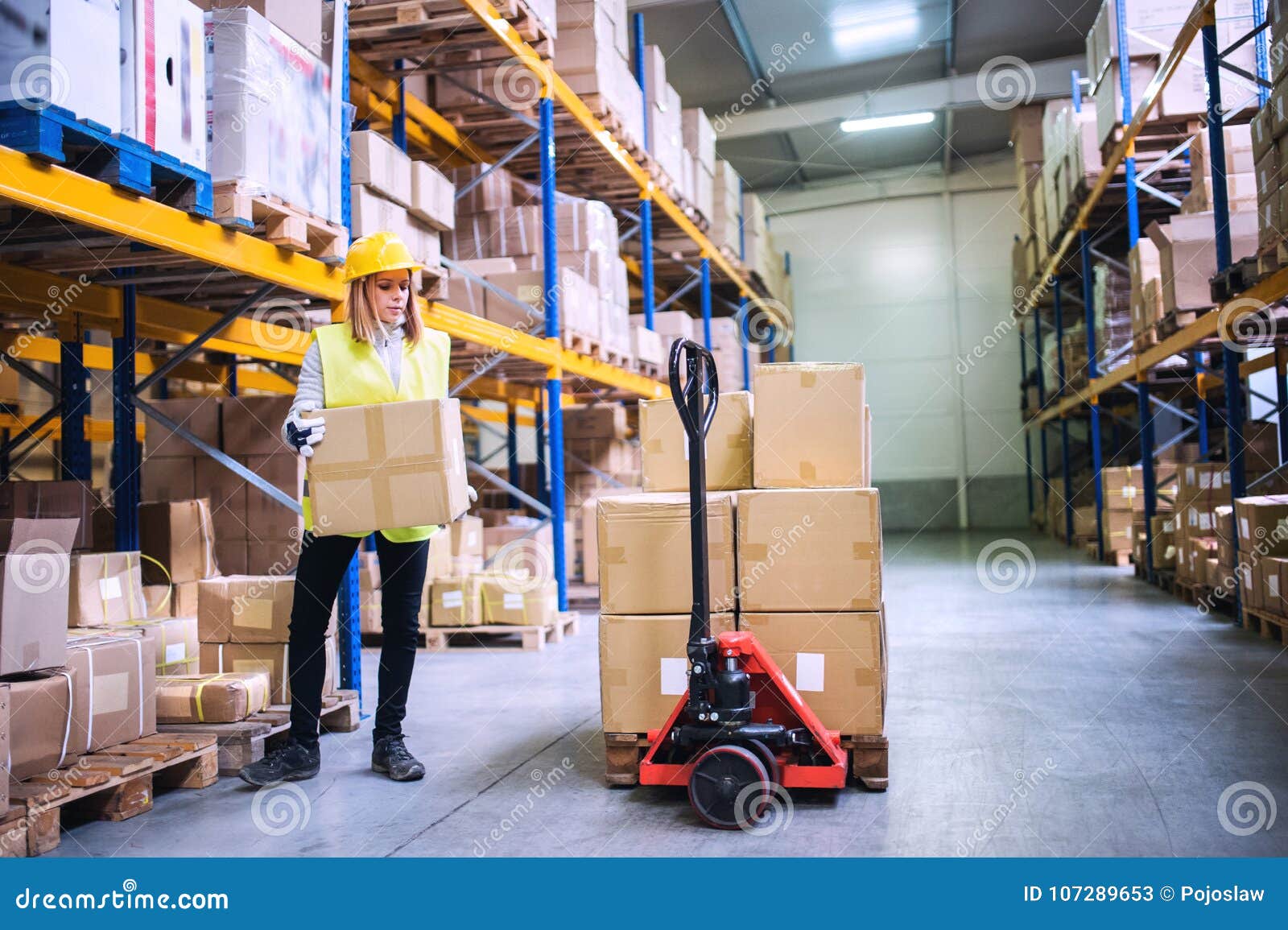 Female Warehouse Worker Loading Boxes. Stock Image - Image of ...