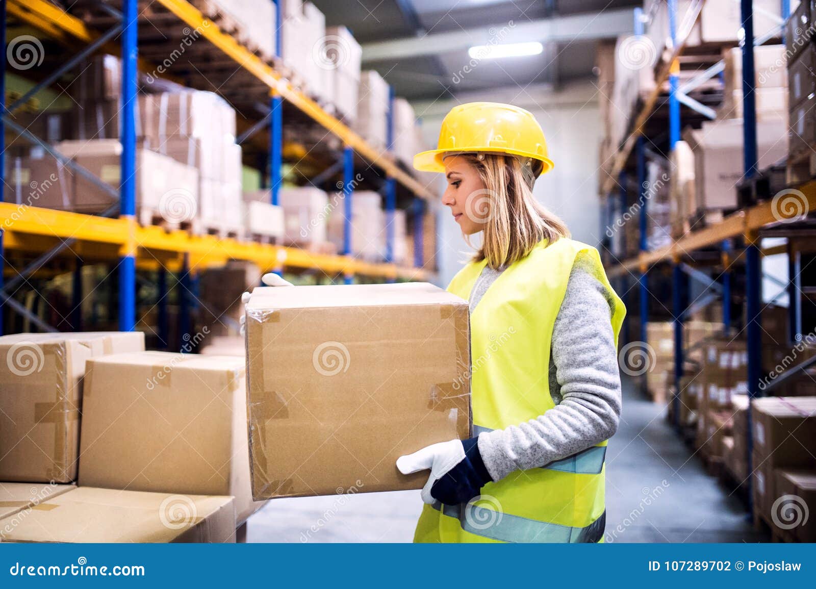 Female Warehouse Worker Loading Boxes. Stock Photo - Image of goods ...