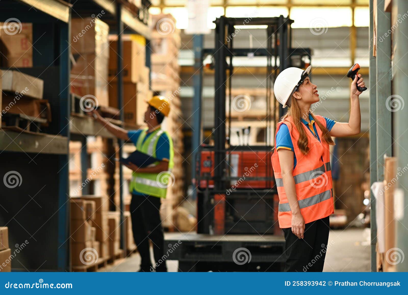 Young Female Warehouse Worker Using Barcode Scanner Checking Stock on ...