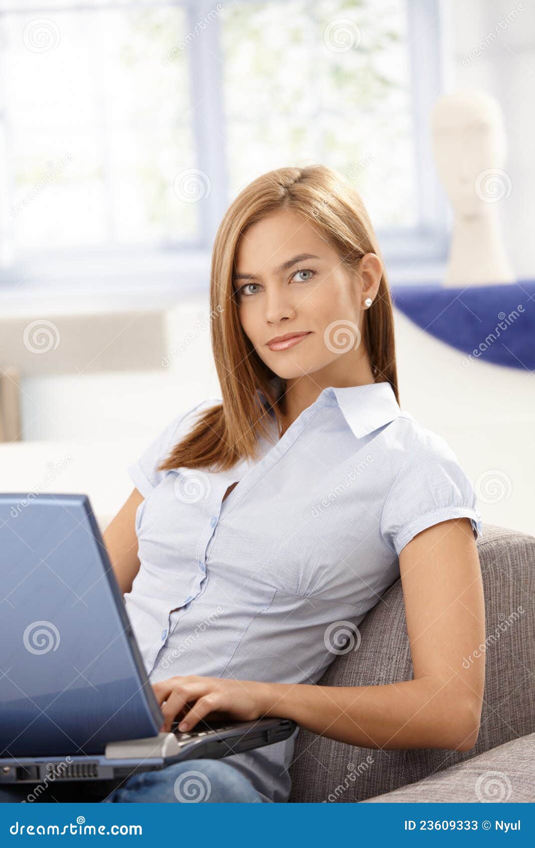 Young Female Working on Laptop at Home Stock Image - Image of american ...