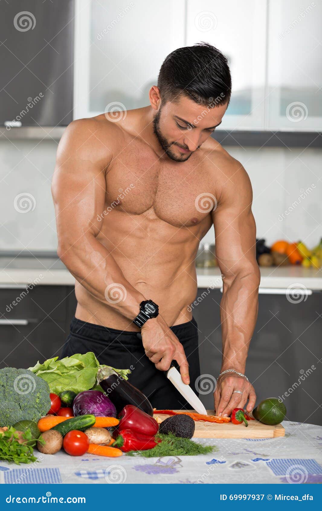 Young Fit Bodybuilder in the Kitchen Stock Image - Image of hair ...