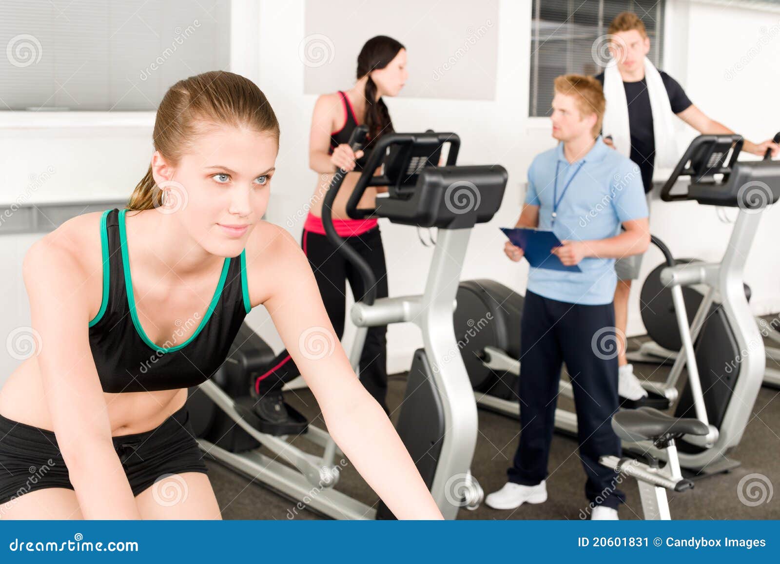Young Fitness Woman Doing Spinning with Instructor Stock Image - Image ...
