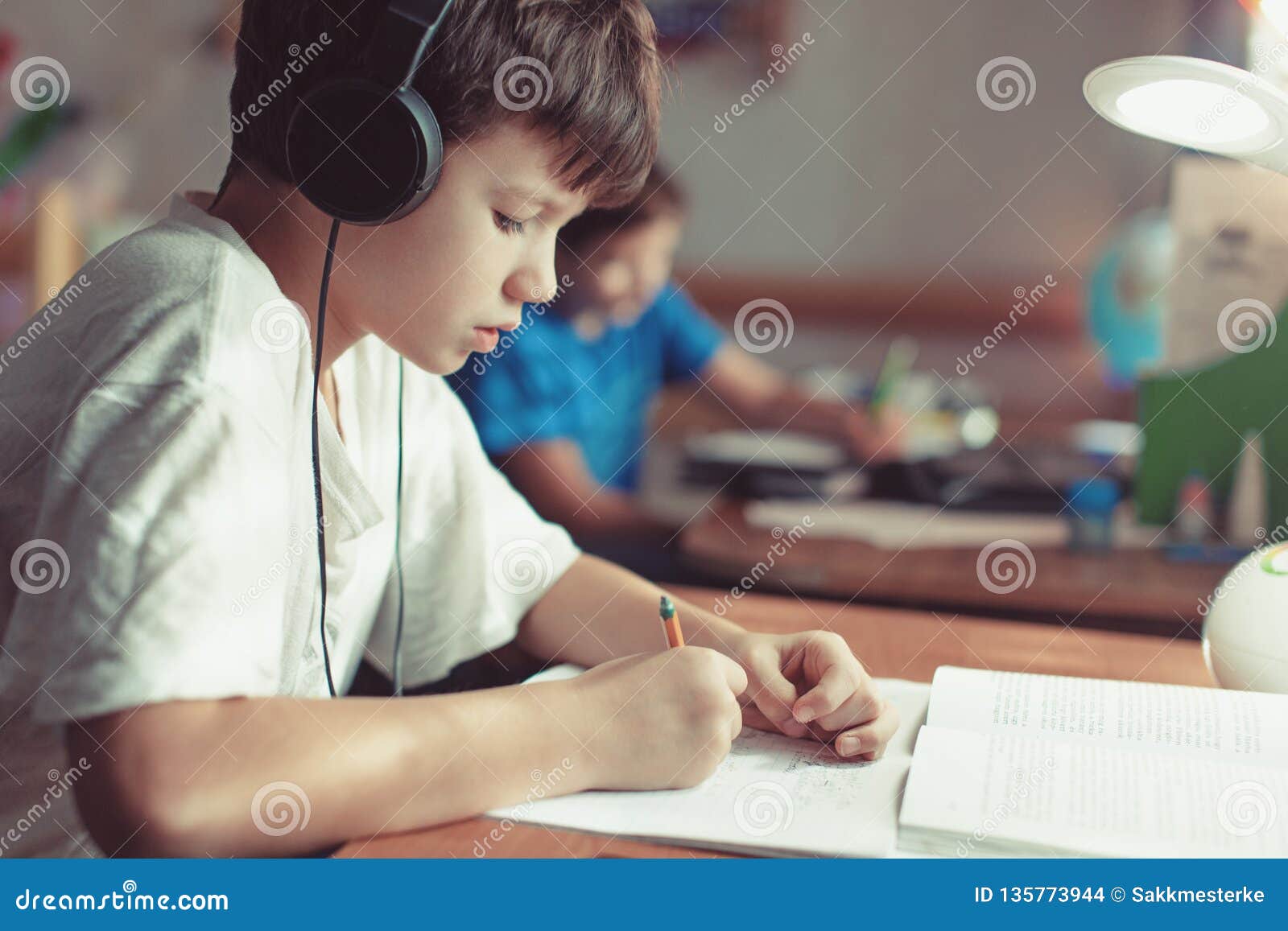 Young Focused Boys Doing Homework at Home Stock Photo - Image of room ...