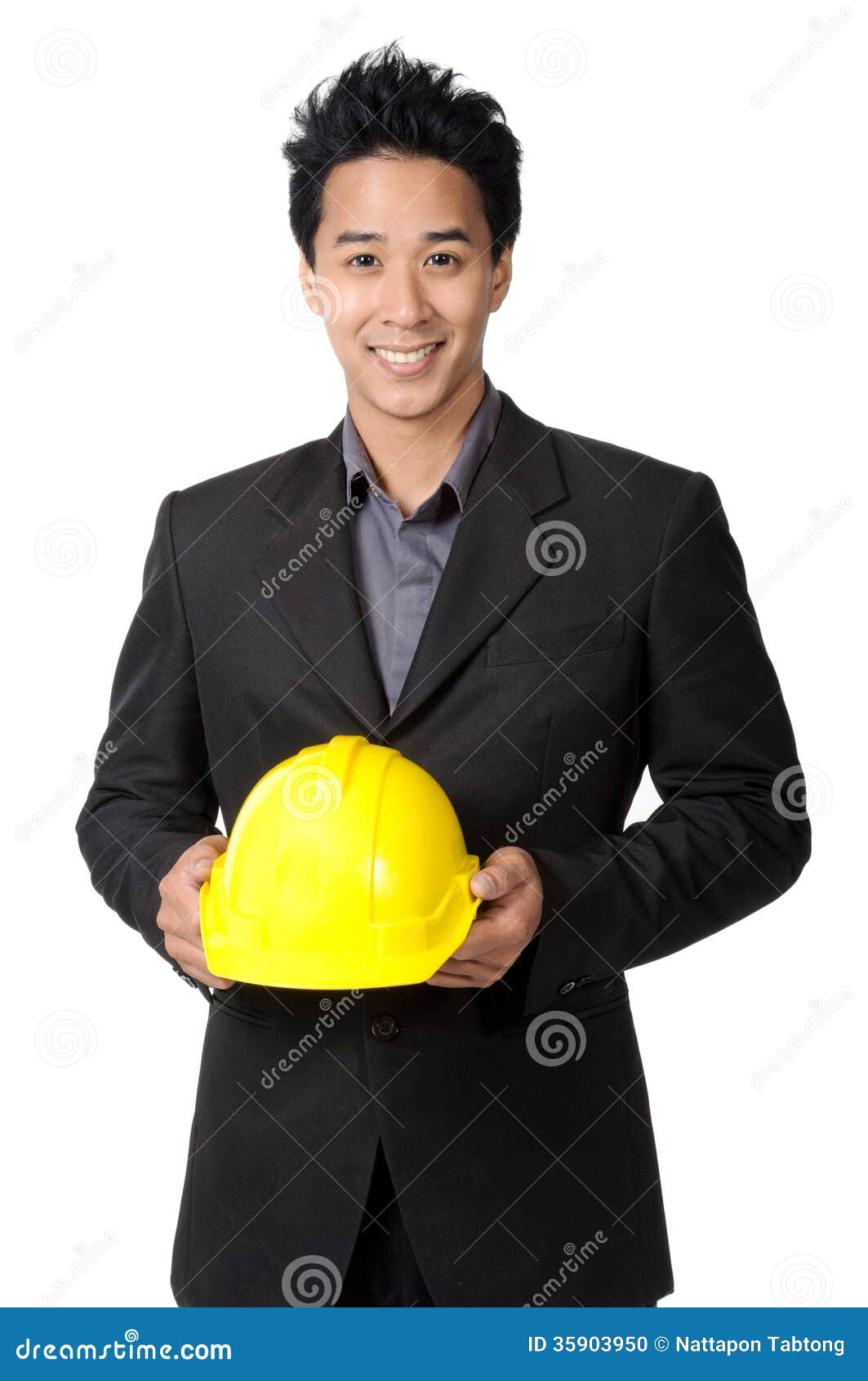 Young Foreman or Engineer with Yellow Hard Hat in Suit Isolated Stock ...