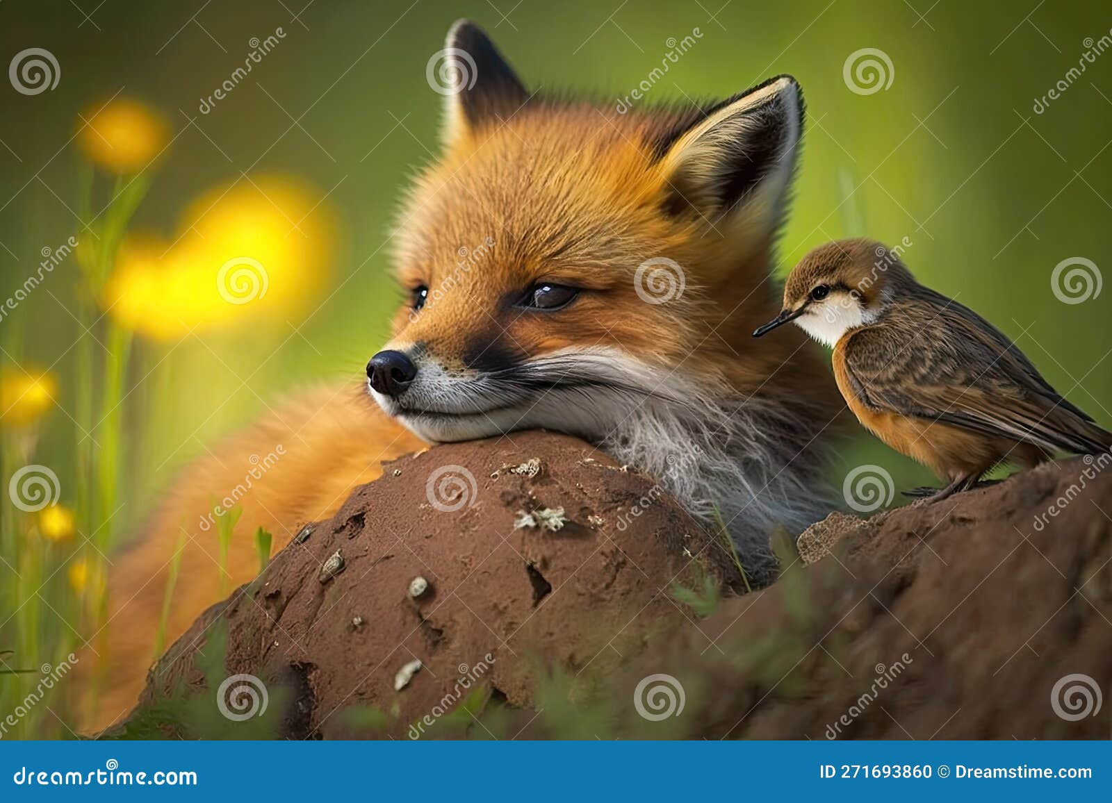 Young Fox Cub Cuddling with a Bird Stock Illustration - Illustration of ...