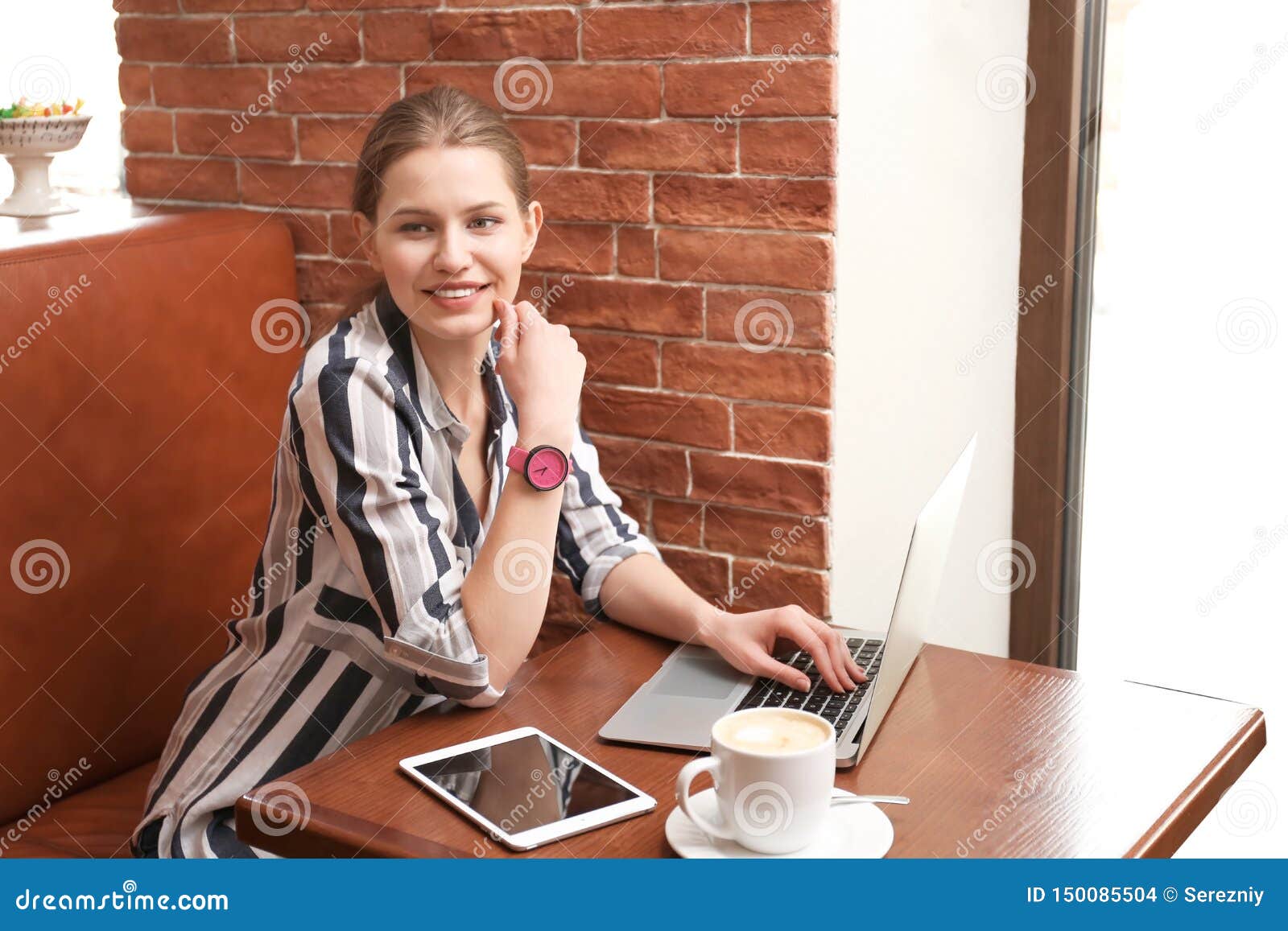 Young Freelancer with Laptop Working in Cafe Stock Photo - Image of ...