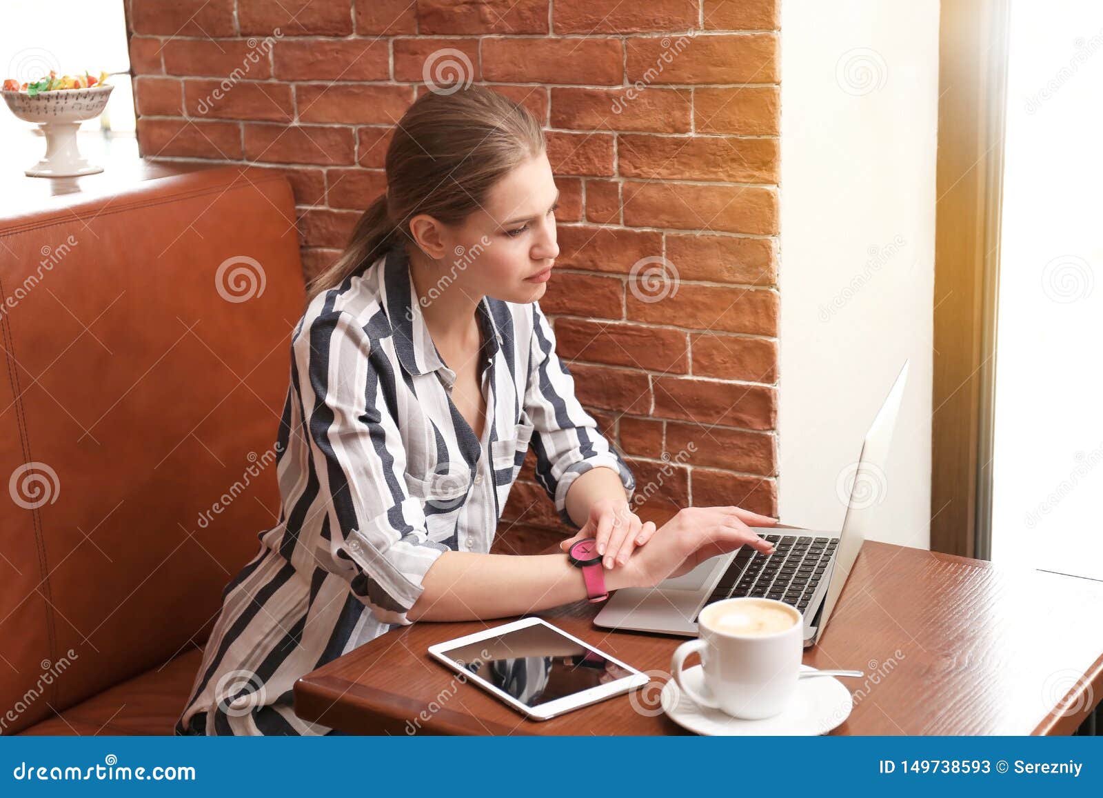 Young Freelancer with Laptop Working in Cafe Stock Image - Image of ...