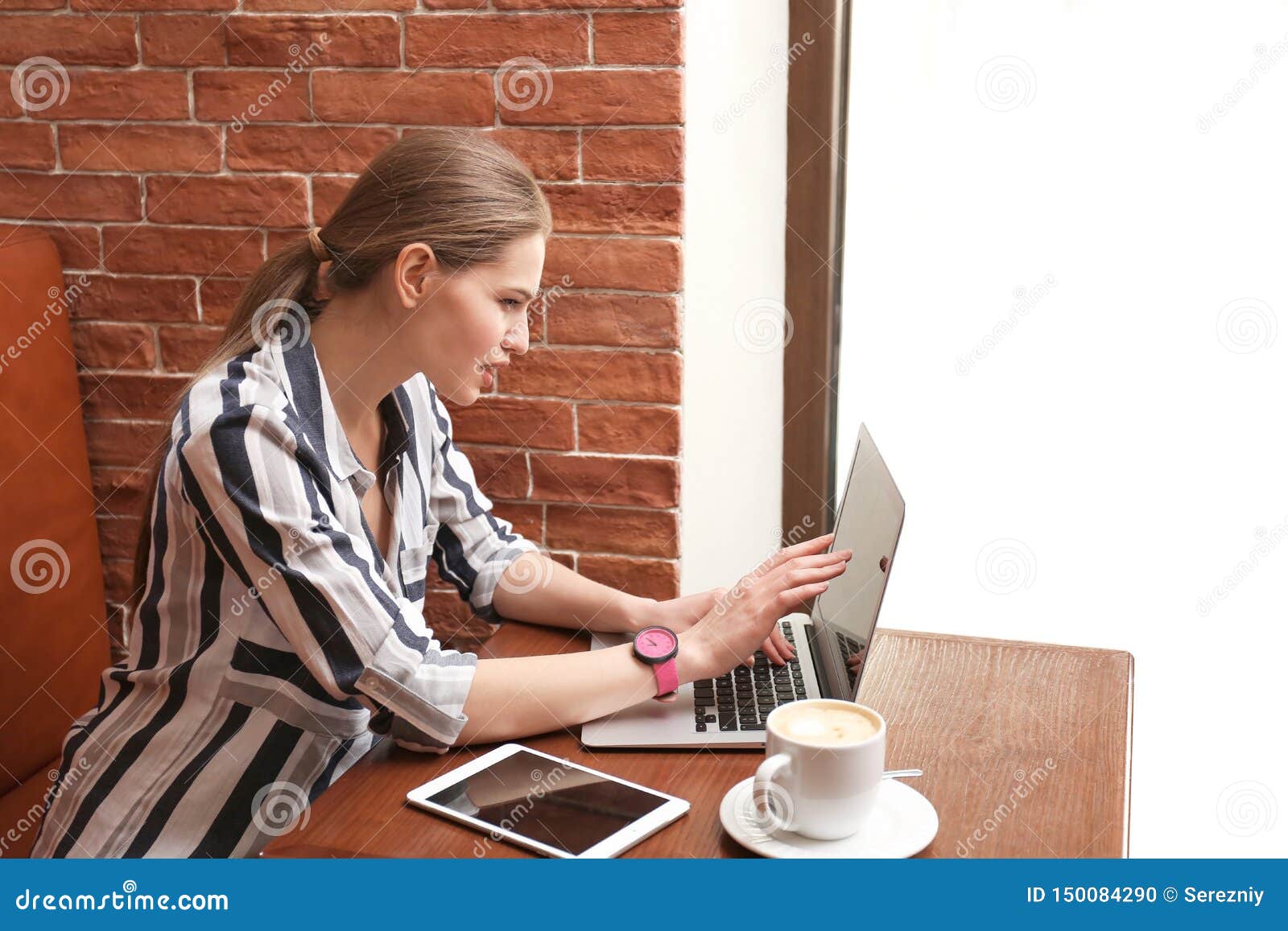 Young Freelancer with Laptop Working in Cafe Stock Photo - Image of ...