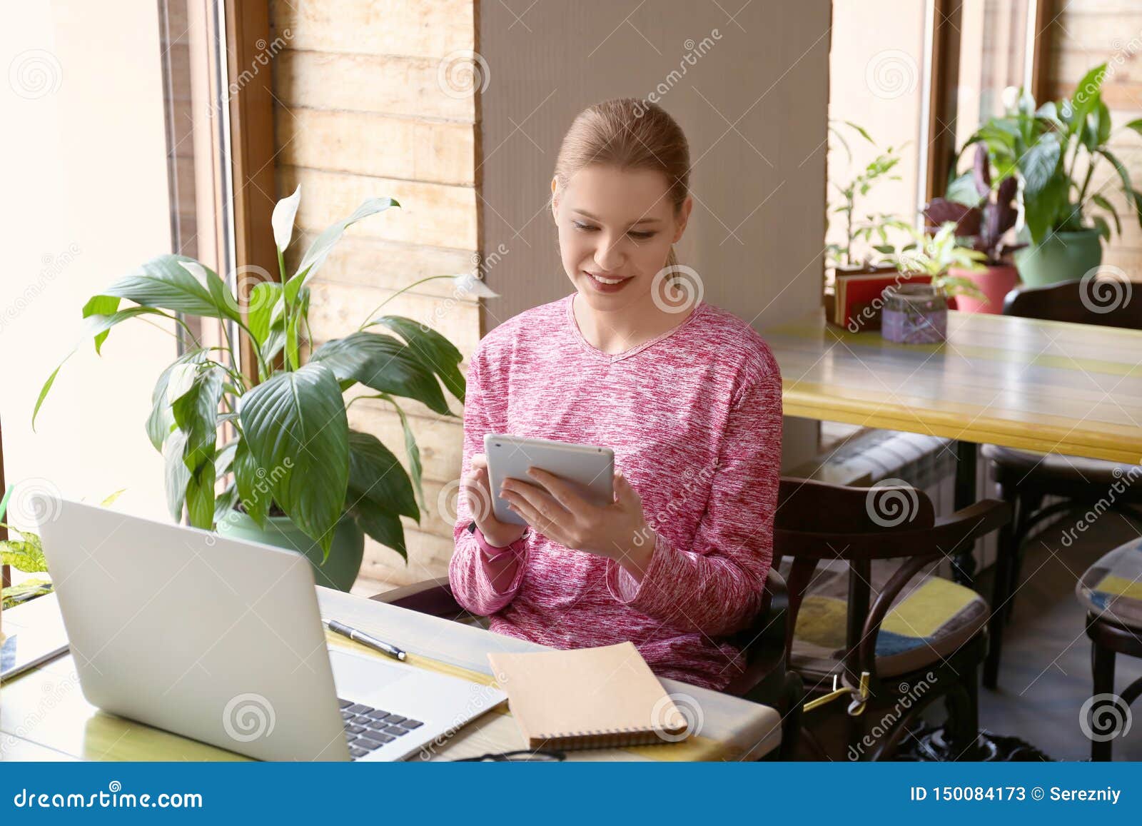 Young Freelancer with Tablet PC and Laptop Working in Cafe Stock Image ...